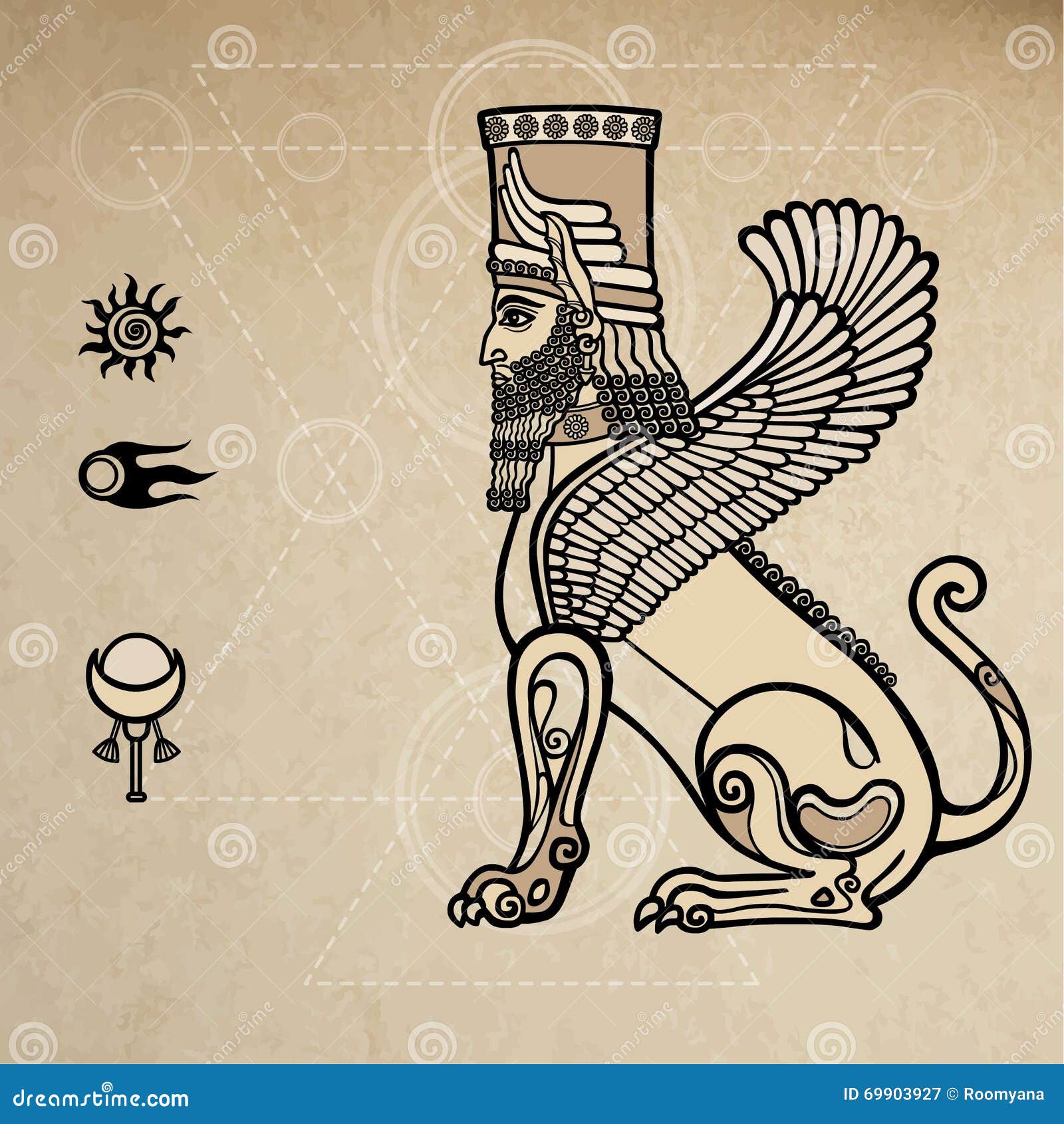 Fantastic Assyrian Sphinx. Background - Imitation of Old Paper Stock ...