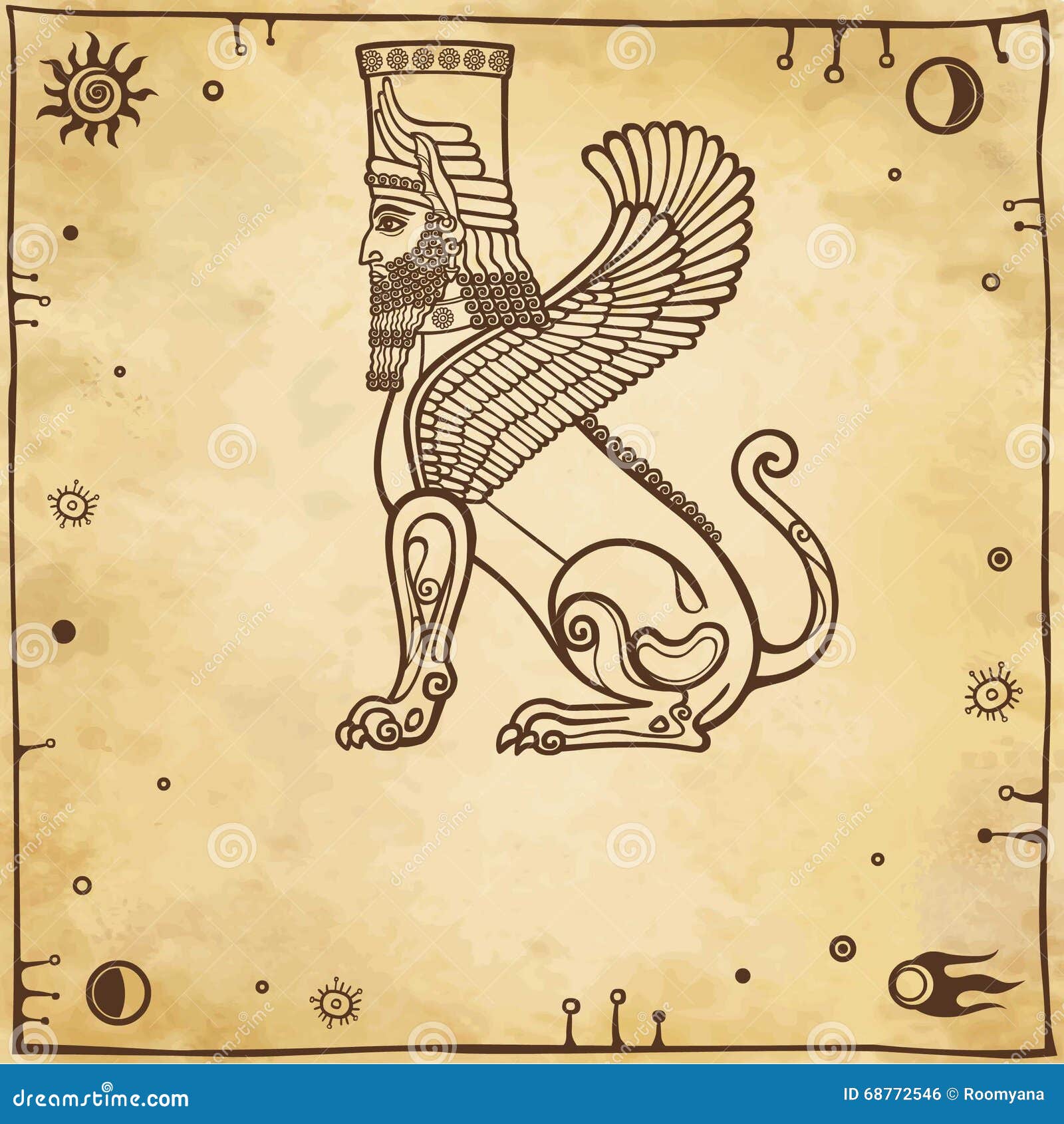 Fantastic Assyrian sphinx. stock vector. Illustration of deity - 68772546