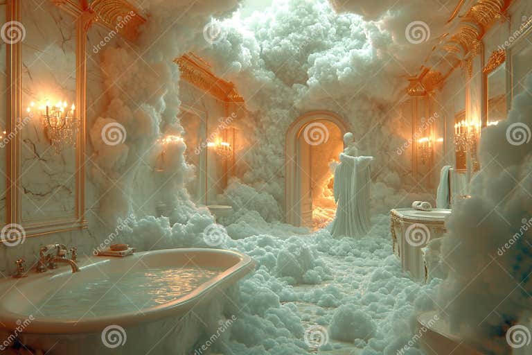 A Fantastic Bath in the Clouds. Surreal Bathroom Interior Stock Photo ...
