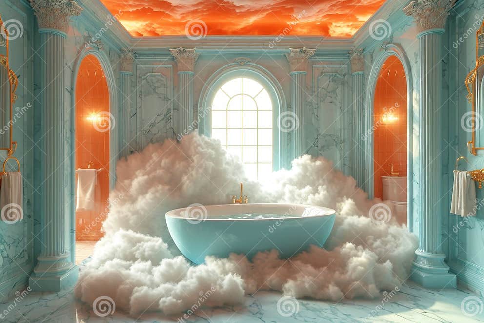 A Fantastic Bath in the Clouds. Surreal Bathroom Interior Stock ...