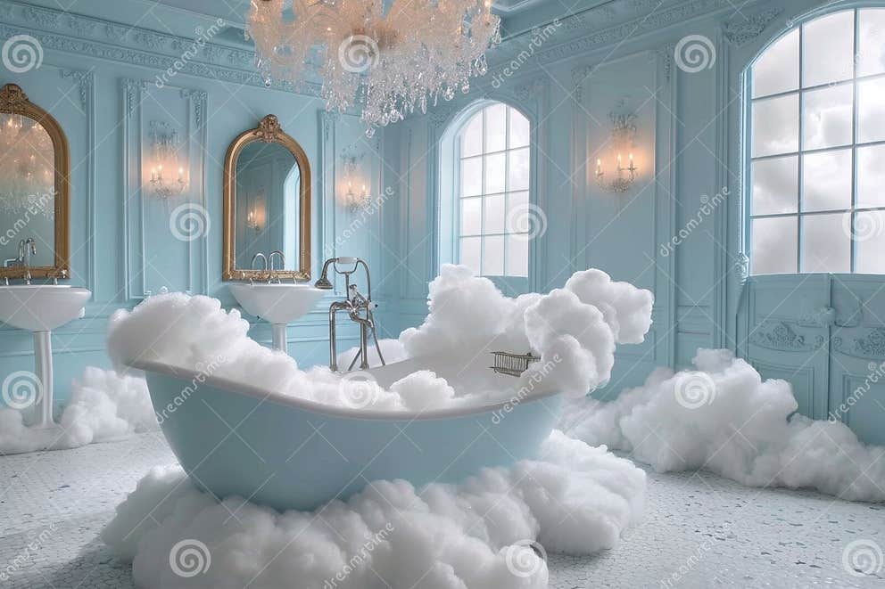 A Fantastic Bath in the Clouds. Surreal Bathroom Interior Stock Image ...