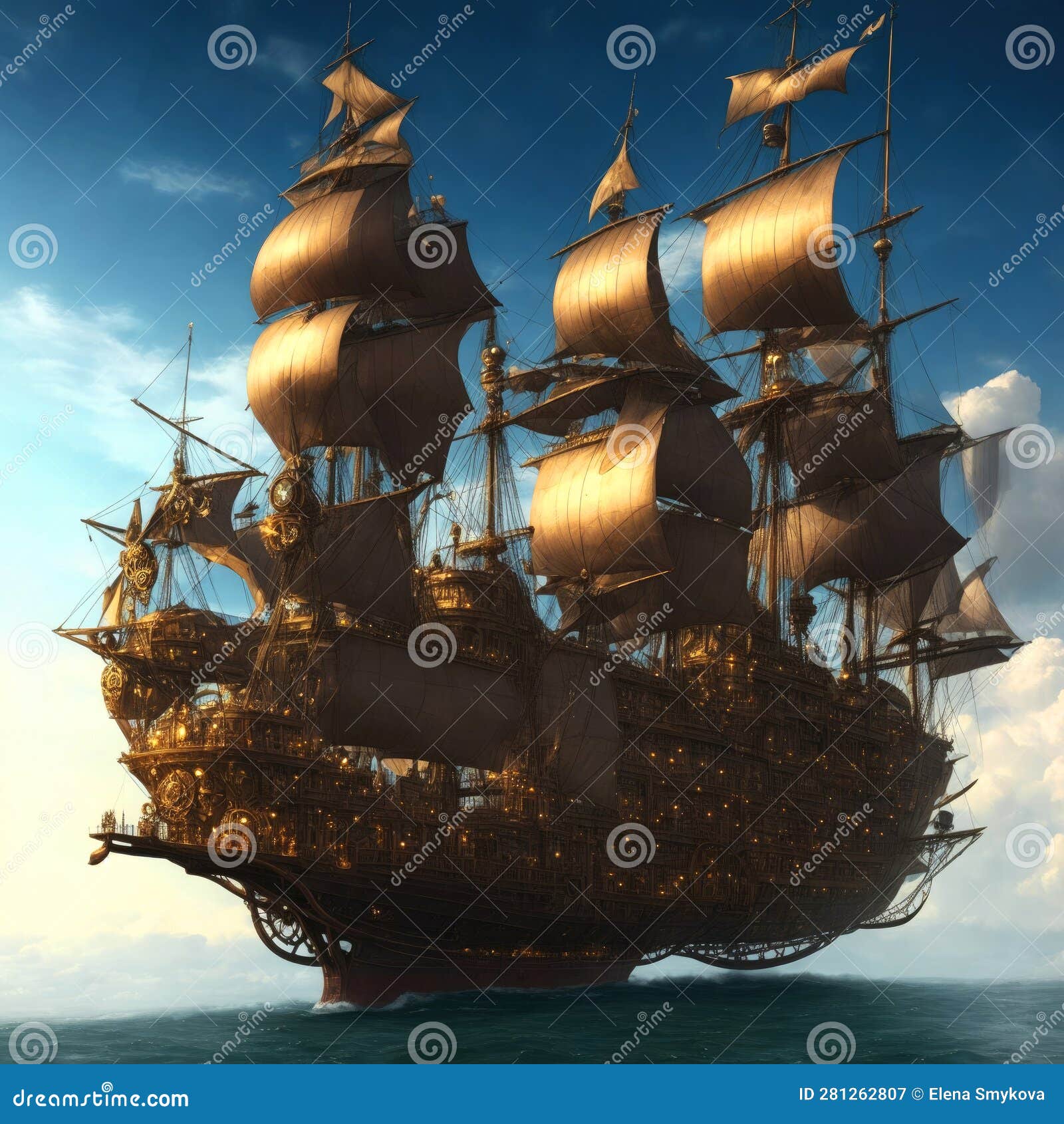 A Fantastic Big Steampunk Ship With Sails Steam Engine Of The Victorian Era Stock Illustration