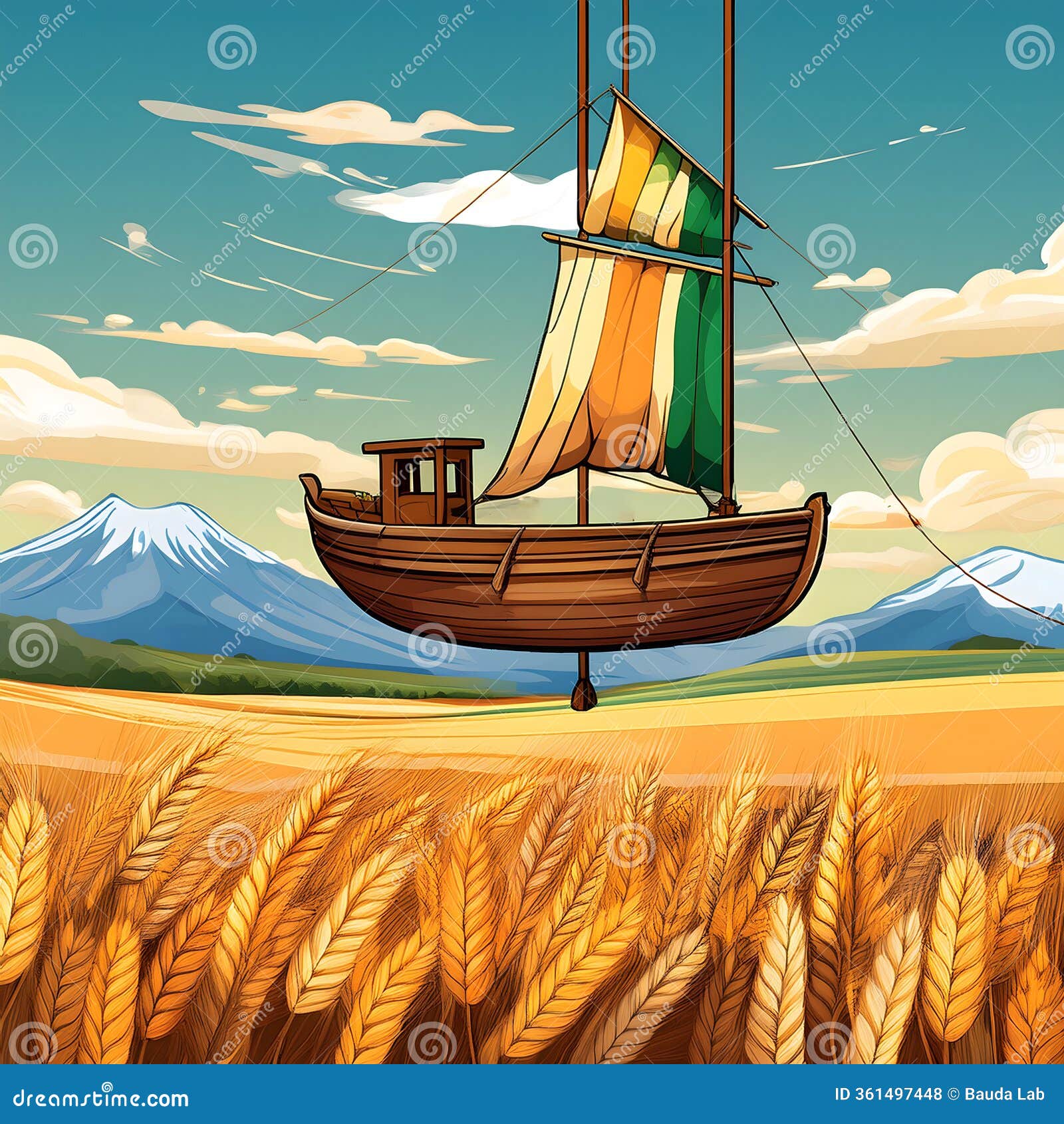 Fantastic Boat Floating on Grass. Background of Surreal Ship Sailing in ...