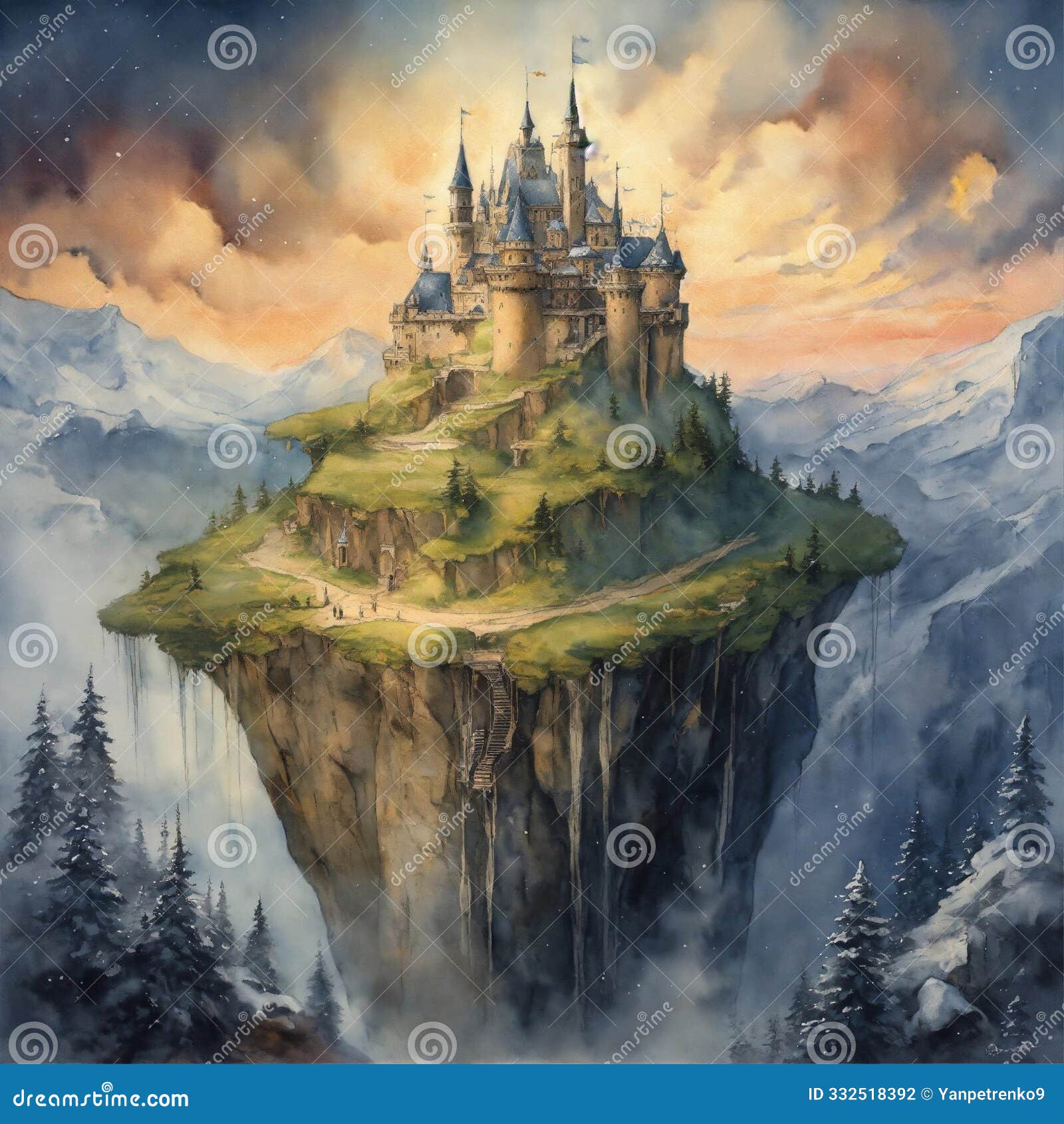 Fantastic Castle on a Flying Island among the Clouds Stock Photo ...