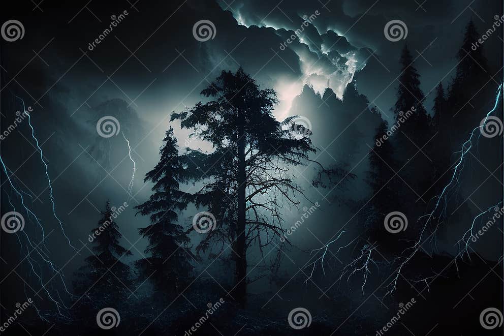 Fantastic Dark Forest with Lightning in the Night. 3D Rendering Stock ...