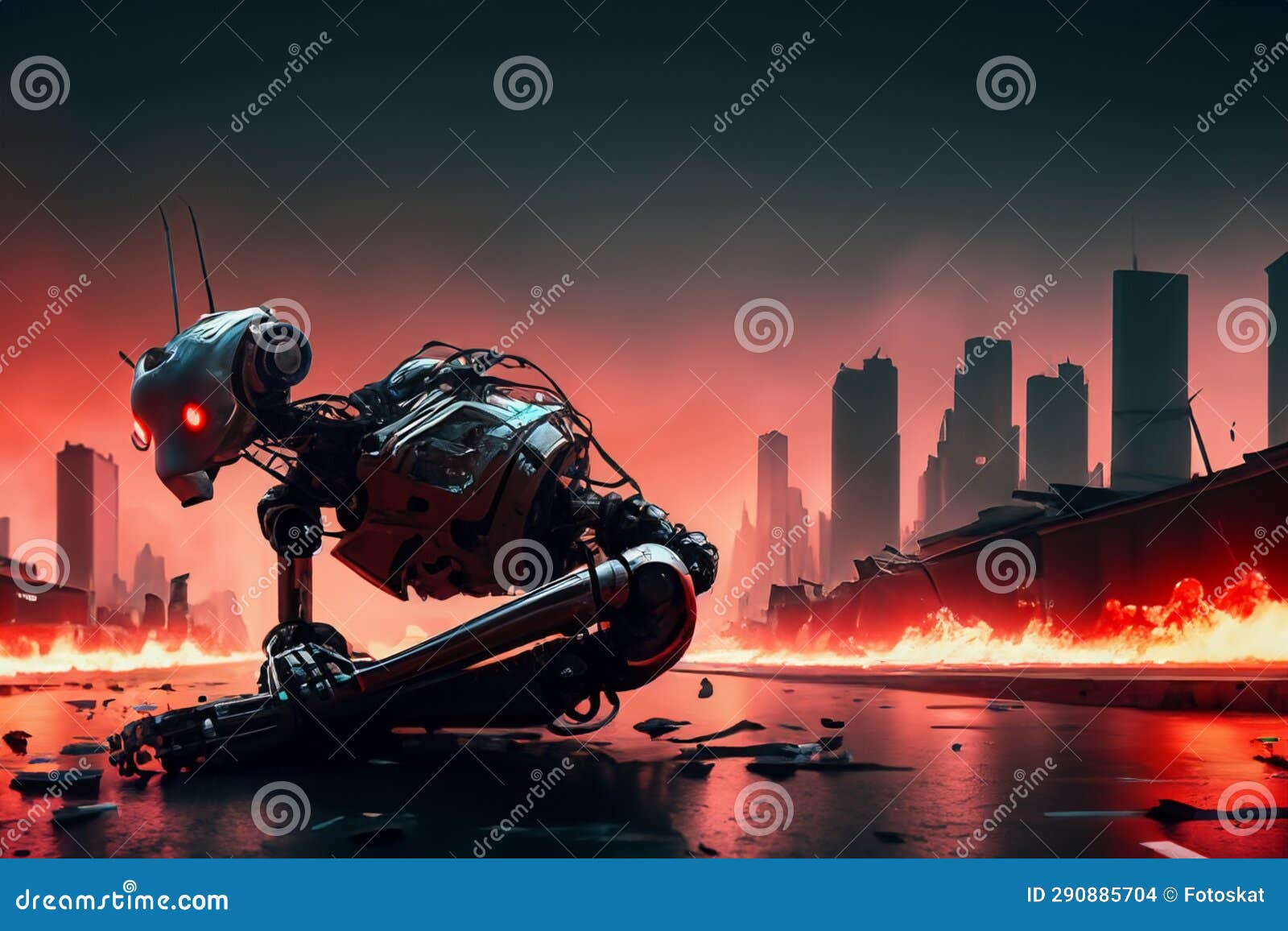Fantastic Destroyed Cyborg on Burning City Street AI Generated Stock ...