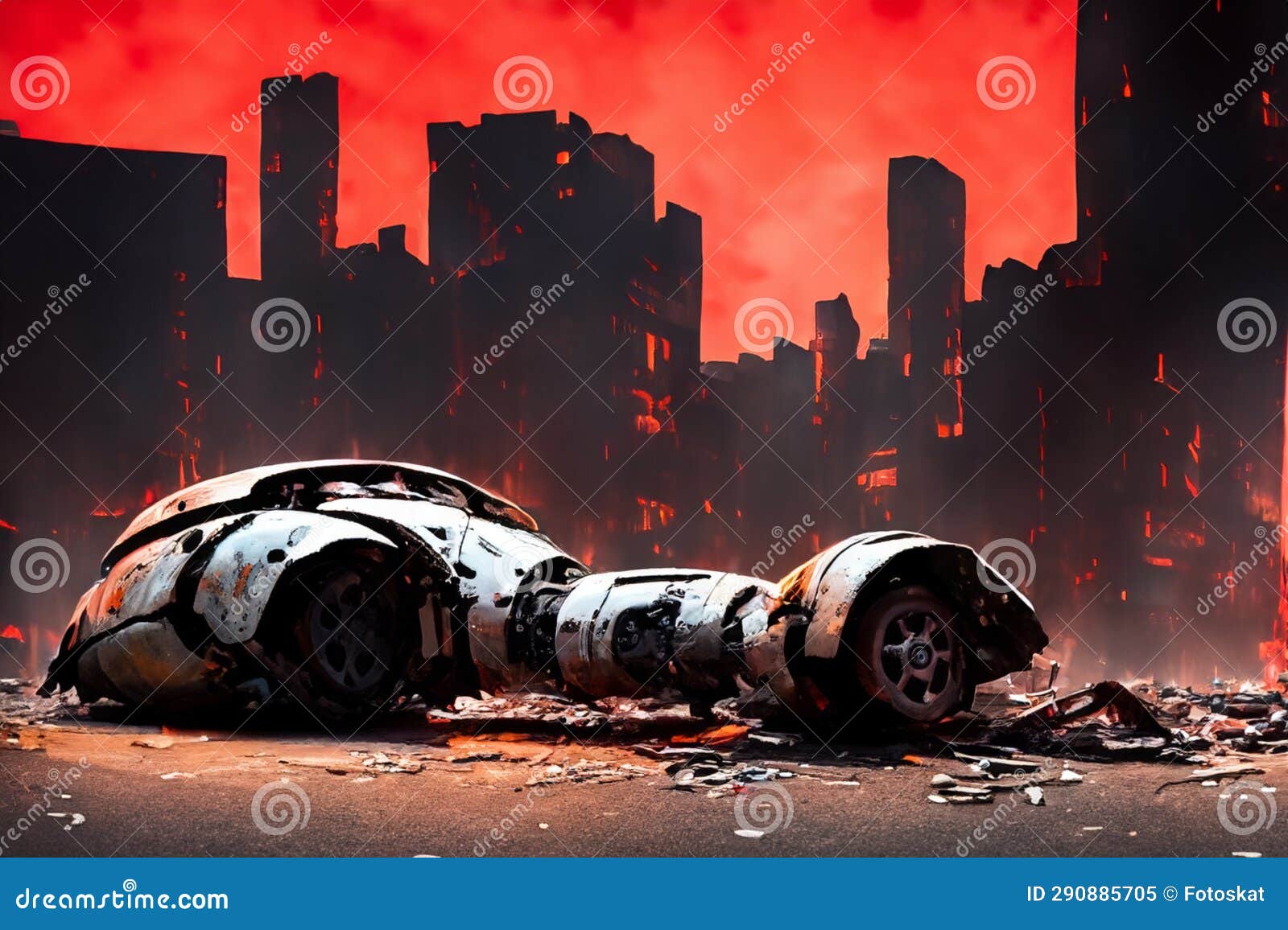 Fantastic Destroyed Cyborg on Burning City Street AI Generated Stock ...