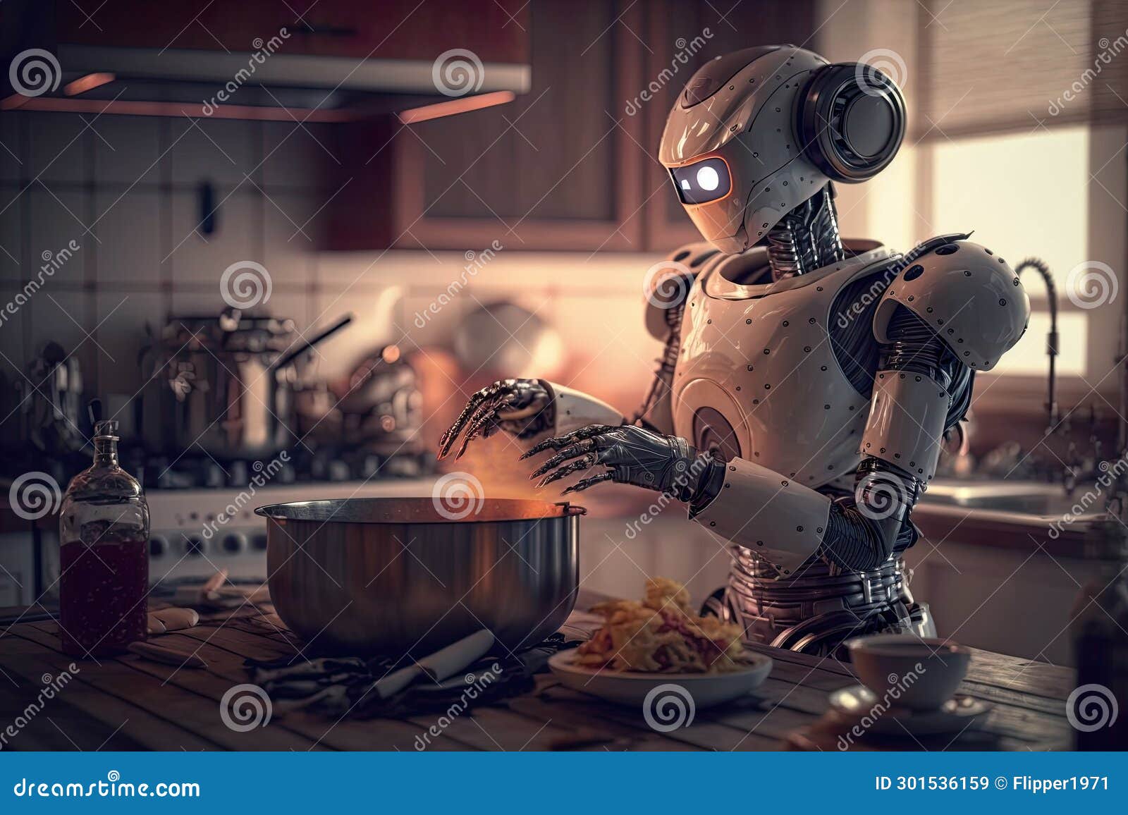 Fantastic Humanoid Robot Cooks Food in the Kitchen Stock Illustration ...
