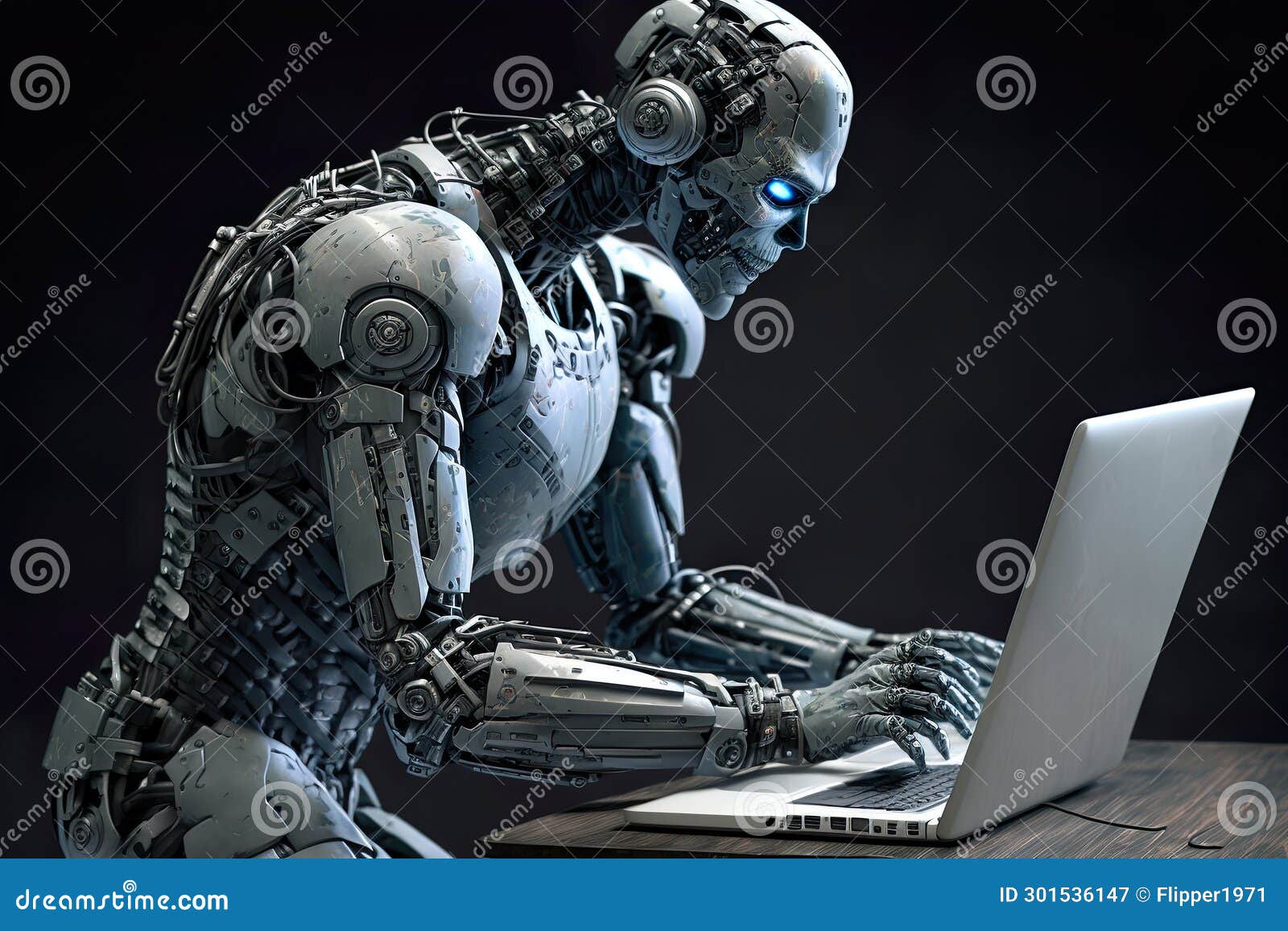 Fantastic Humanoid Robot Works on a Computer Stock Illustration ...