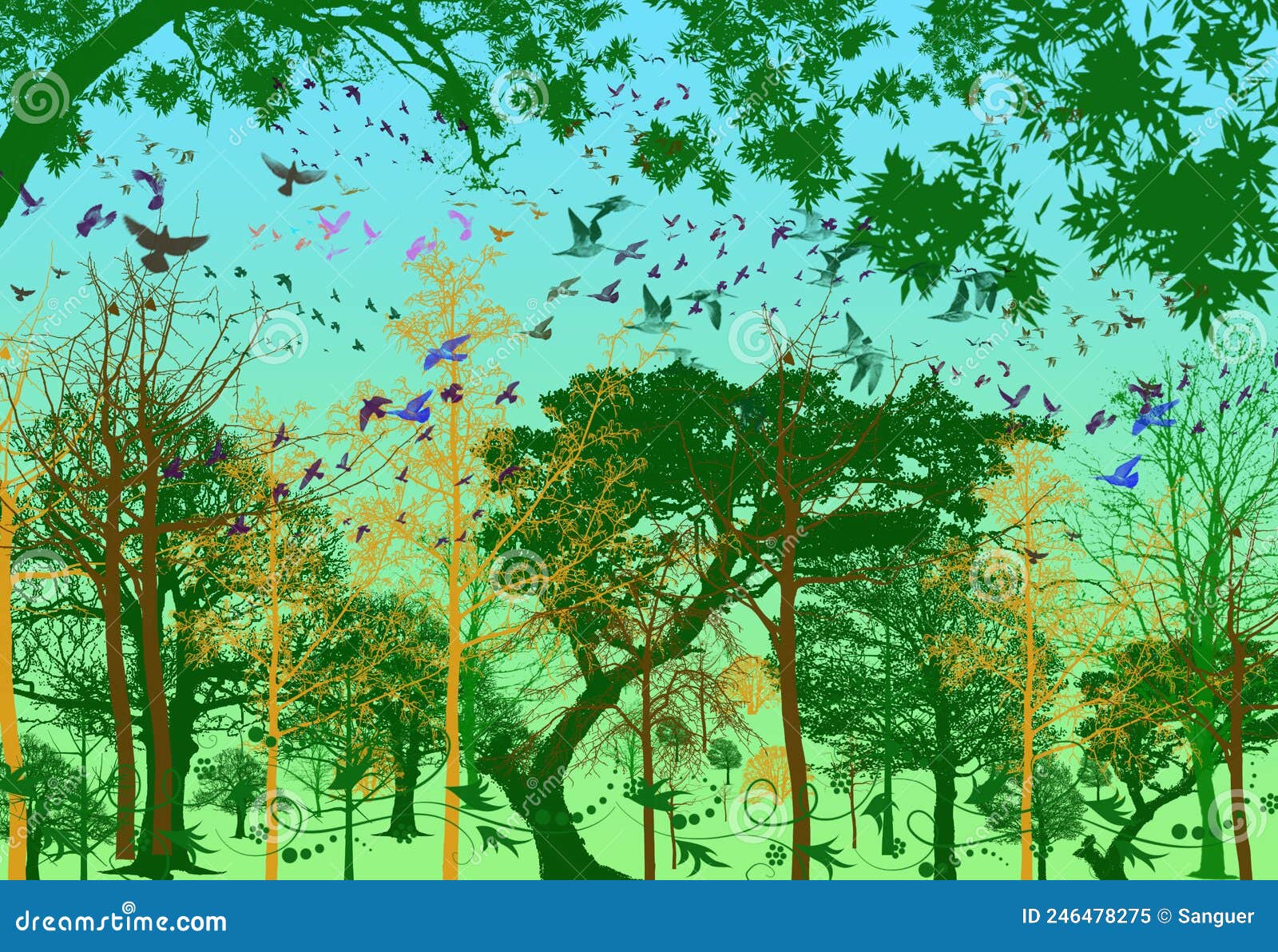 Fantastic Illustration of a Forest with Birds Stock Illustration ...