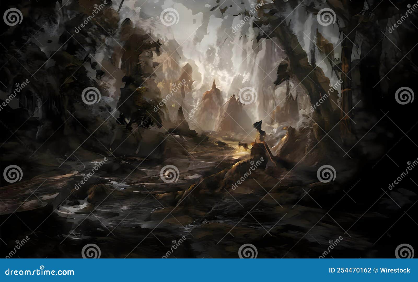 Fantastic Illustration of a River Flowing in a Dark Mysterious Forest ...