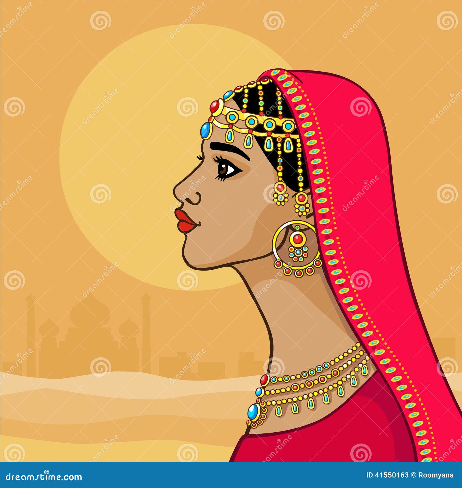 Fantastic Indian Princess in a Red Dress. Profile View Stock Vector ...