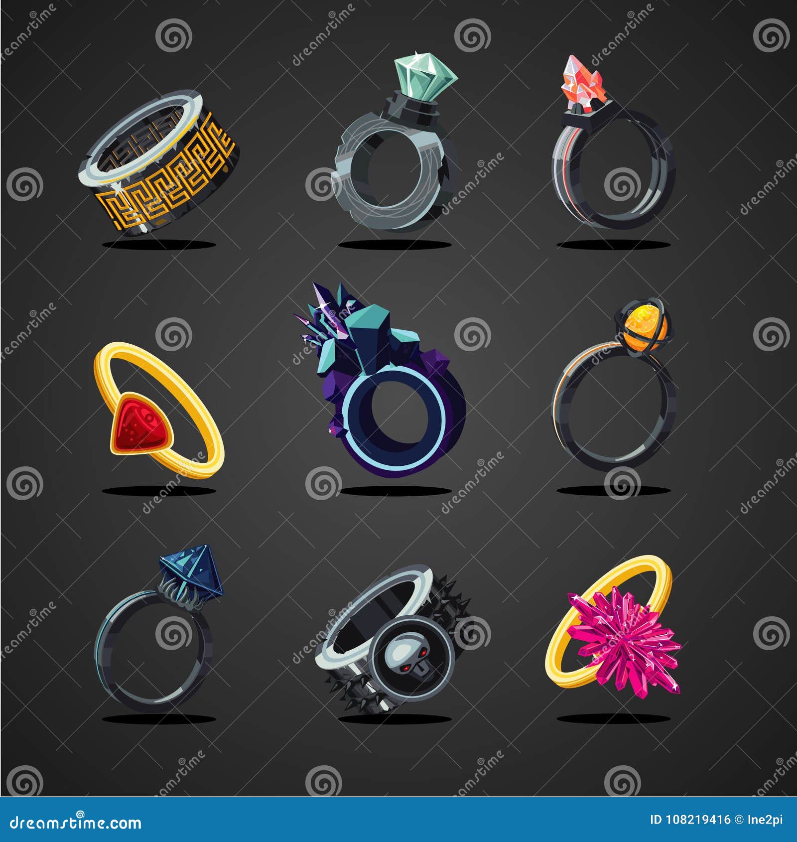 Magic Rings Collection. Game Design Concept Set, Cartoon Style Stock ...