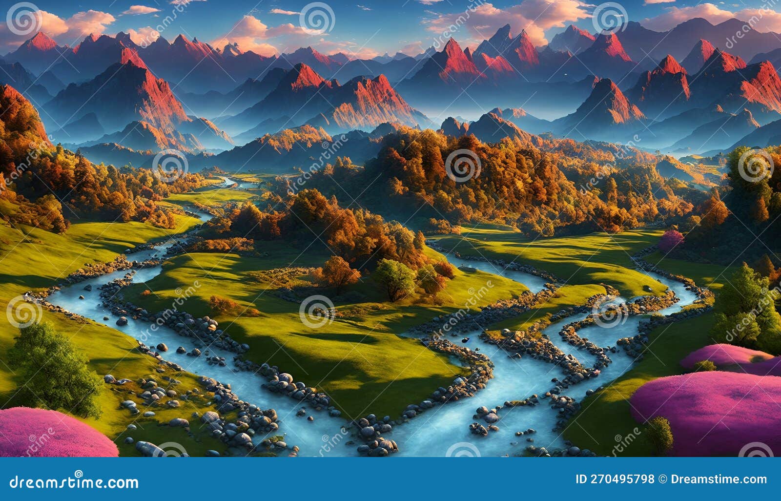 Fantastic Landscape with a Meandering River and Mountains , AI ...