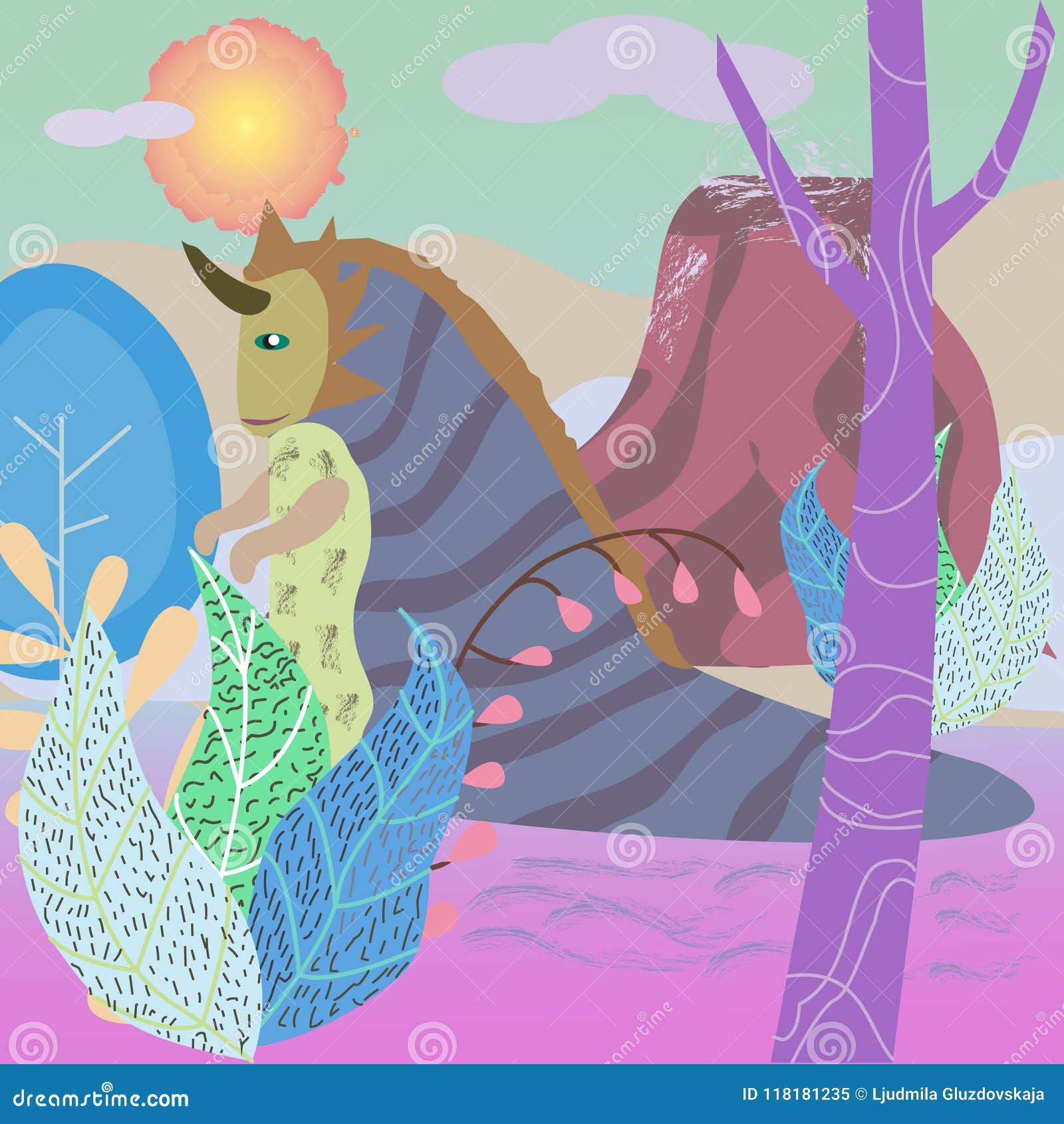 Fantastic Landscape with Fantastic Prehistoric Animals, Extinct Stock ...