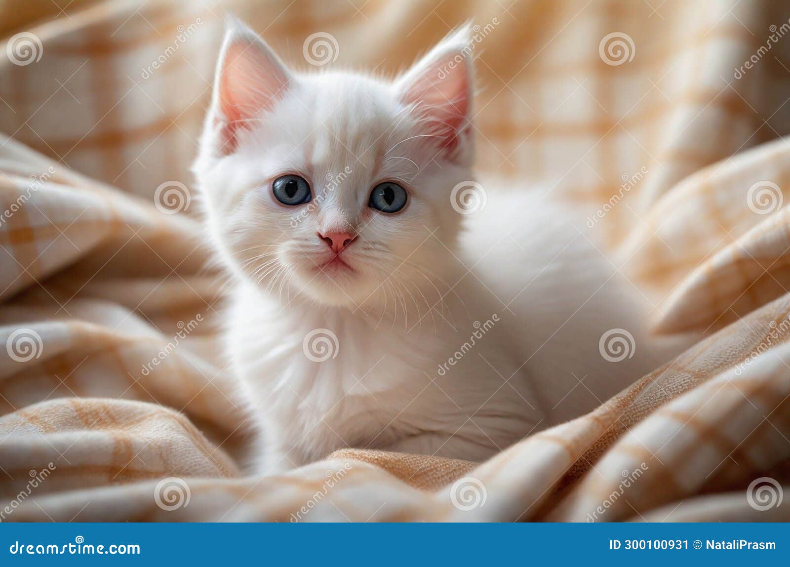 Fantastic Little Cute White Kitten on a Background of a Woolen Blanket ...