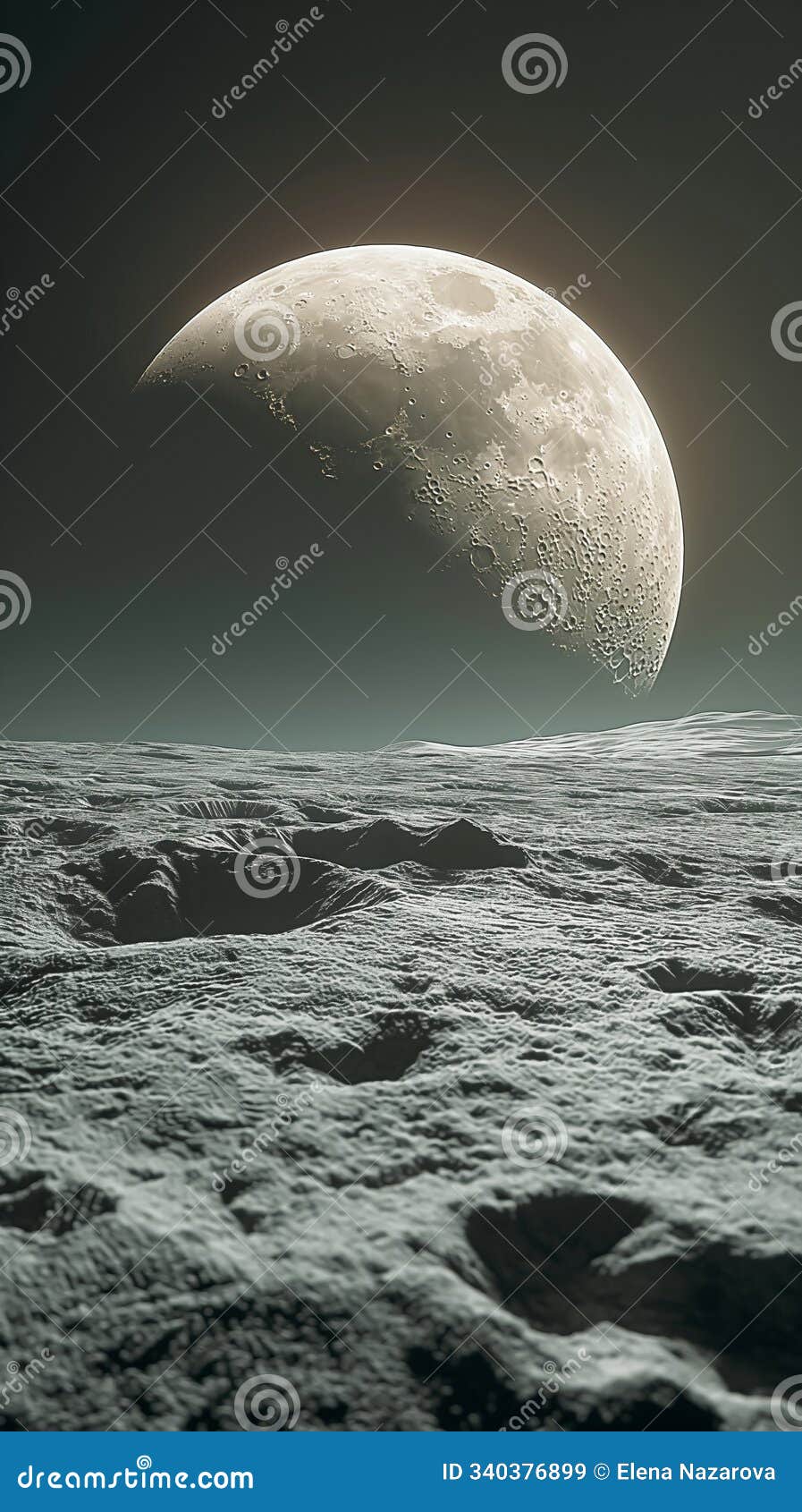Fantastic Lunar Surface and Big Planet at Night in Deep Space Stock ...
