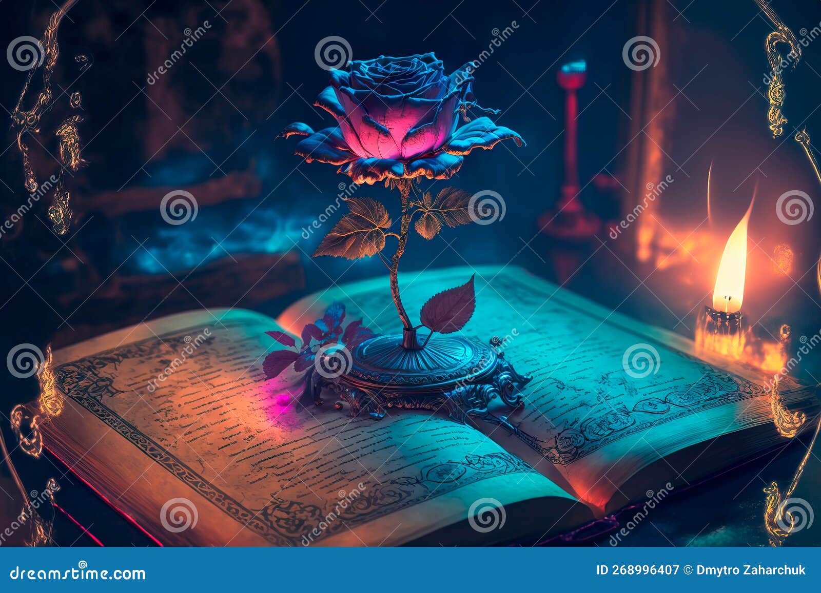 Fantastic Magic Book with Magic Rose Generative AI Stock Illustration ...