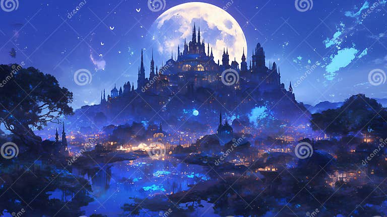 Fantastic Magic Palace And Full Moon Night Stock Illustration Illustration Of Night Staircase