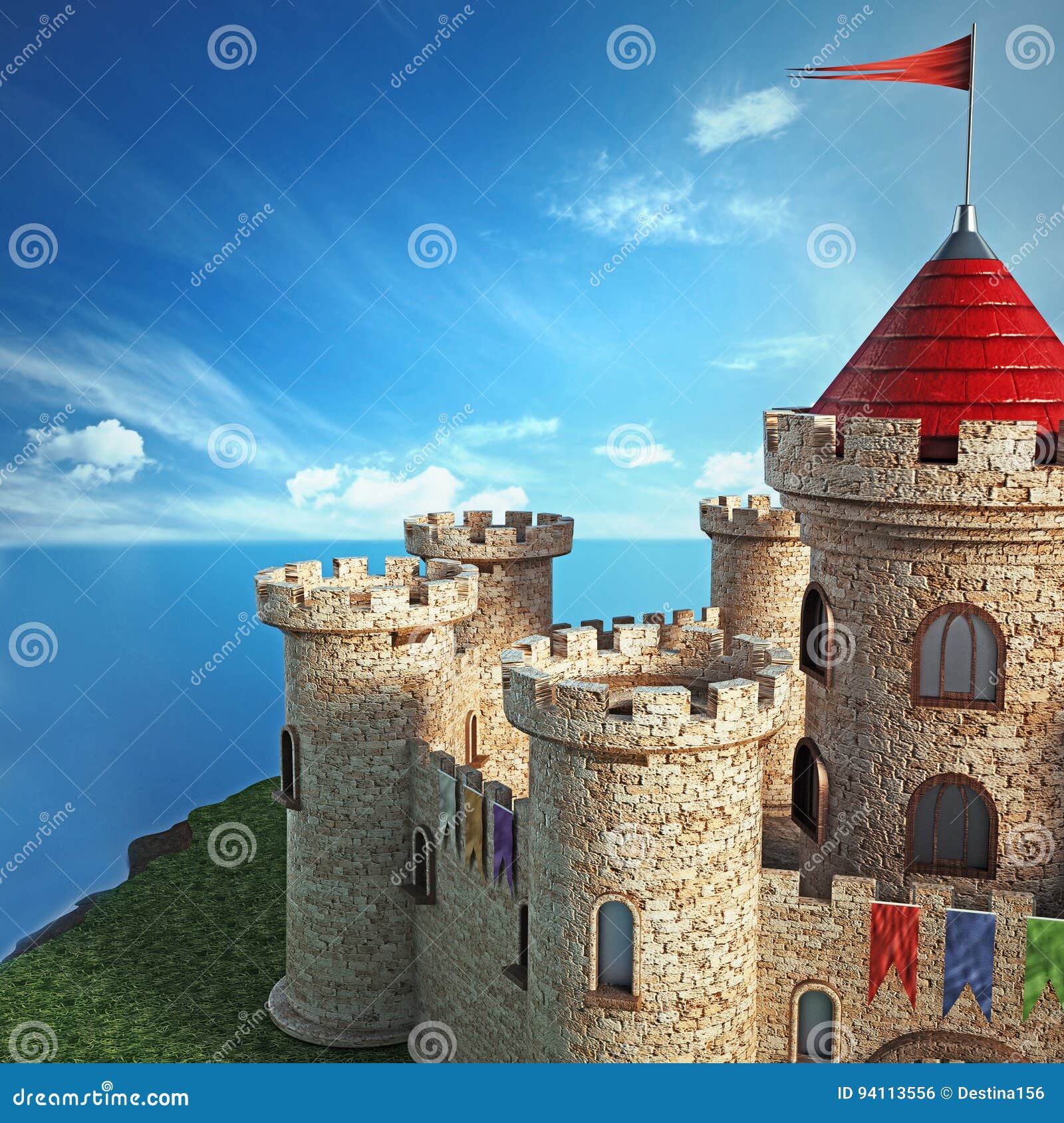Fantastic Medieval Castle Under Dramatic Sky Stock Illustration ...