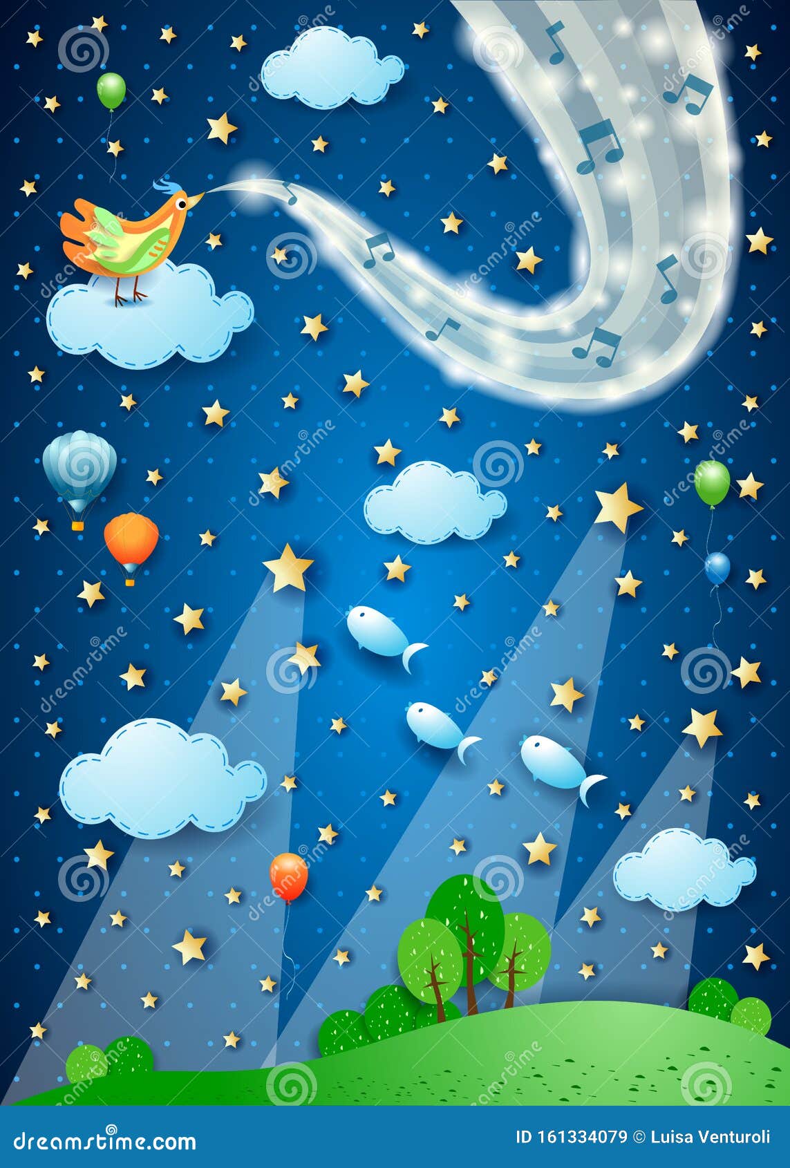 Fantastic Night with Bird, Wave of Sparkles and Spotlights Stock Vector ...