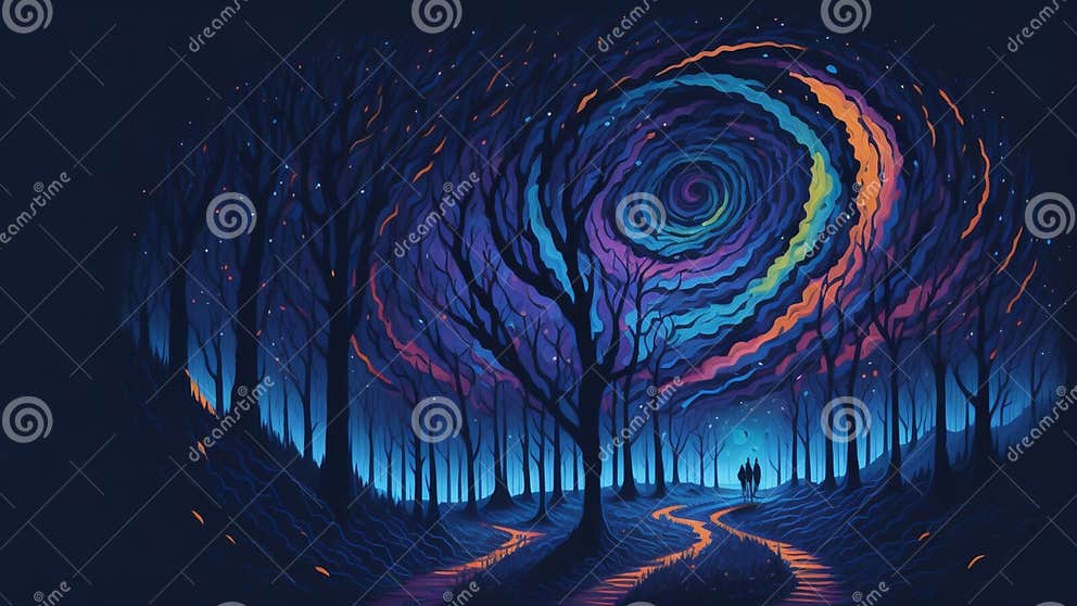 A Fantastic Night Forest with a Path. Stock Illustration - Illustration ...