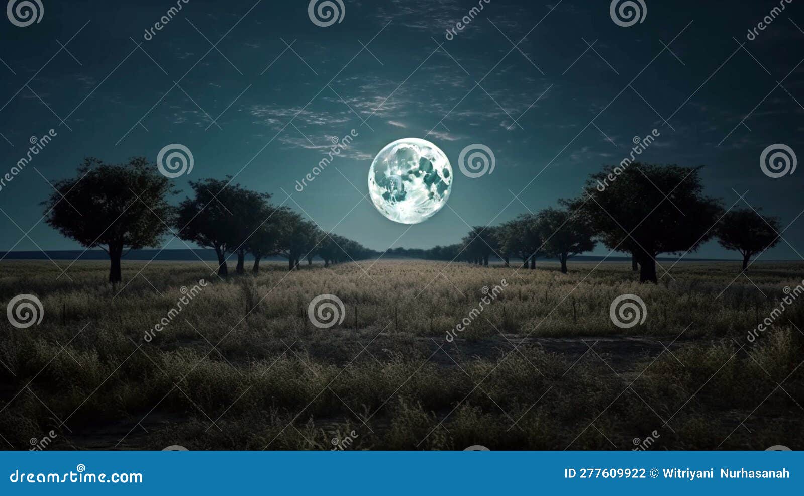 Fantastic Night Landscape of a Field with Trees by a Large Full Moon ...
