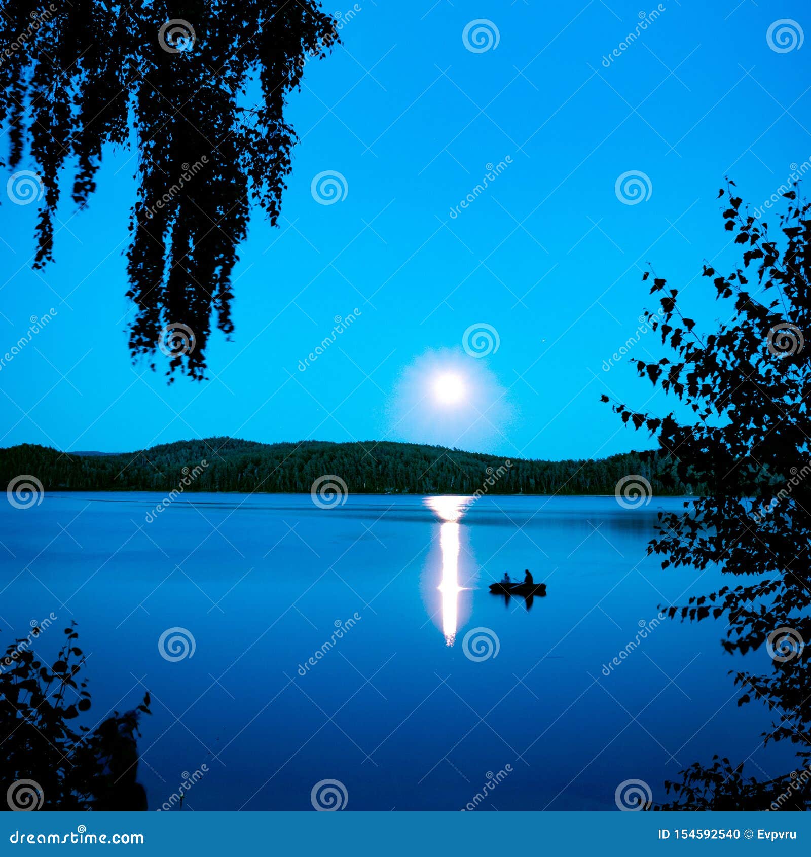 Fantastic Night Landscape with Moon Over Lake Stock Photo - Image of ...