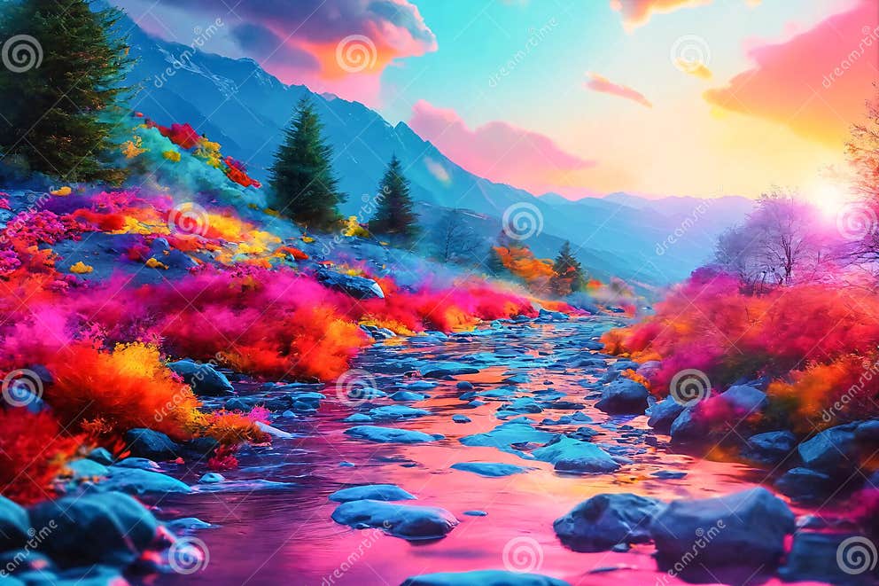 Fantastic Saturated Colorful Nature with Small River Flow Stock ...