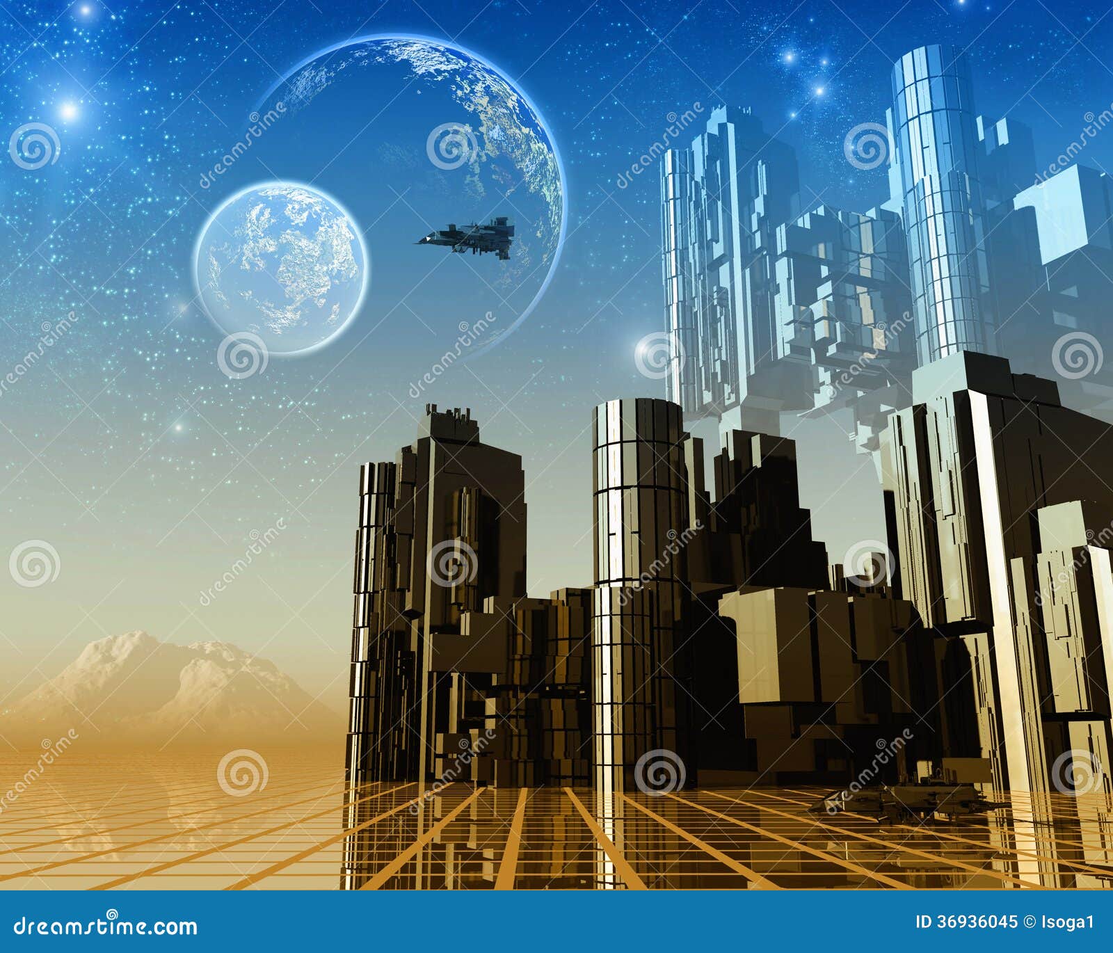 Fantastic Scenery and Spacecraft Stock Illustration - Illustration of ...