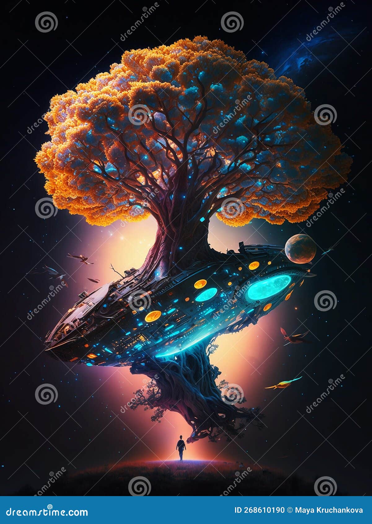 Fantastic Spaceship Tree in Space Stock Illustration - Illustration of ...