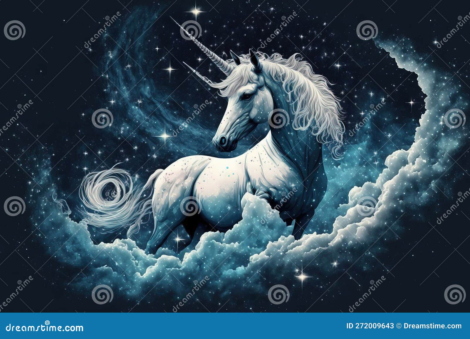 Fantastic Starry Sky with Fluffy Clouds and a Magical Unicorn Stock ...