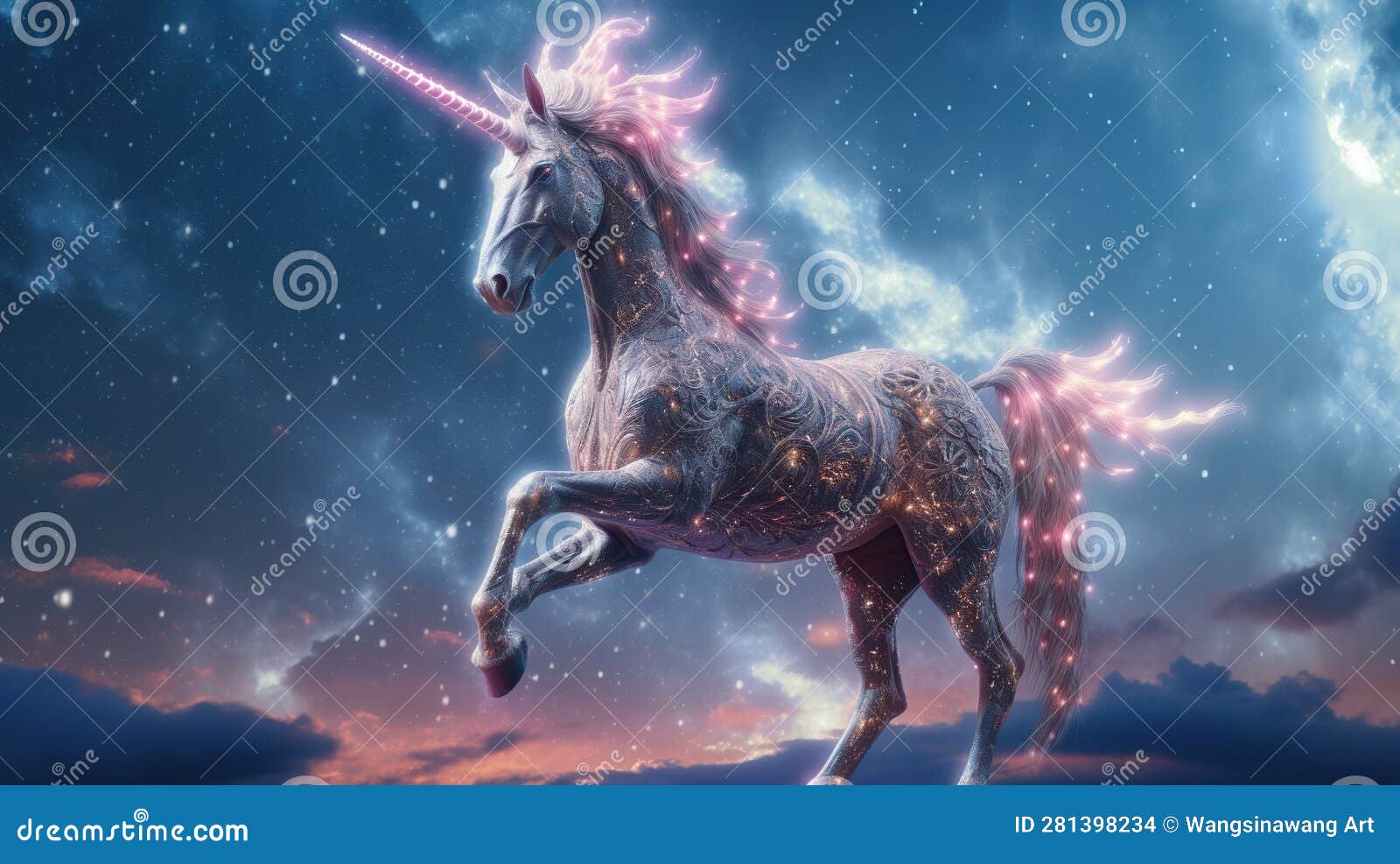 Fantastic Starry Sky, Fluffy Clouds and a Magical Unicorn Generative AI Stock Illustration ...