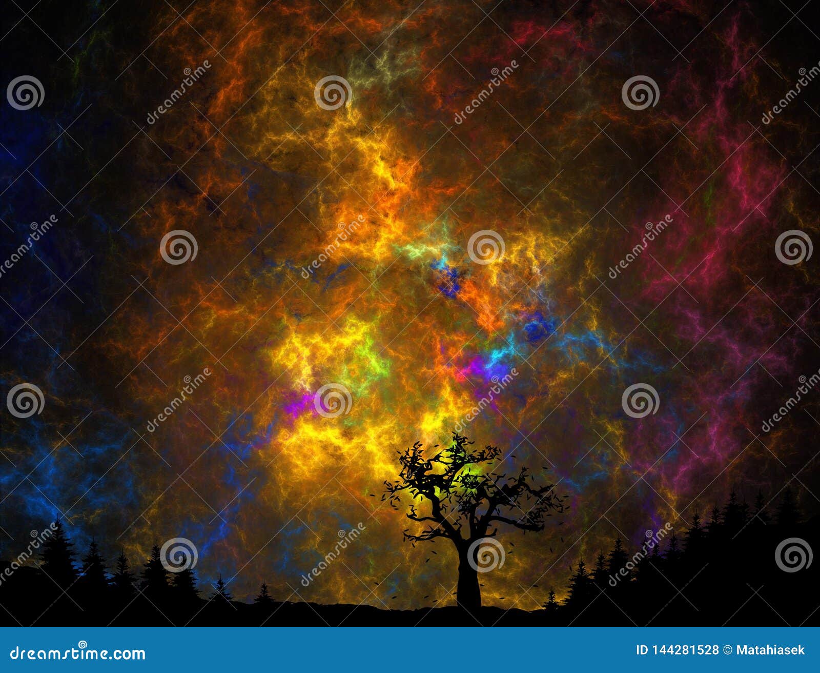 Fantastic Sunset Plasma Sky with Trees Stock Illustration ...