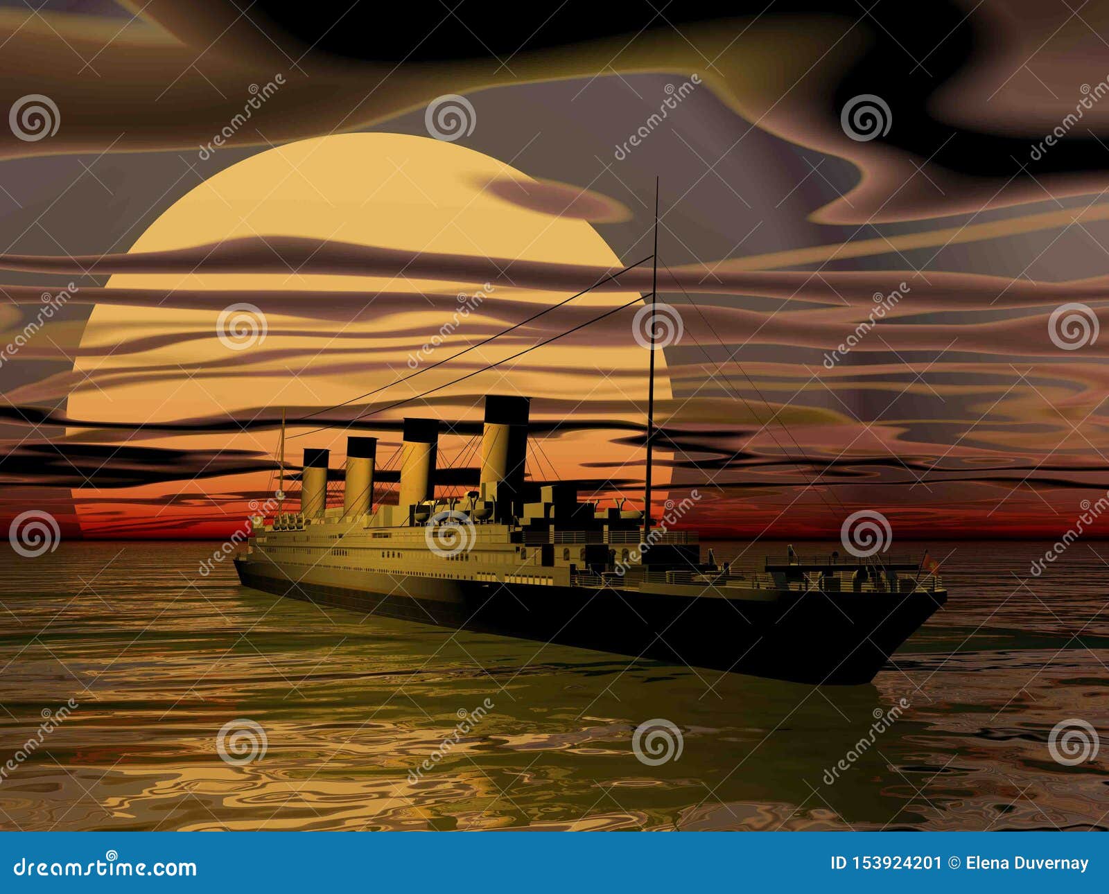 Fantastic Titanic Ship by Sunset - 3D Render Stock Illustration ...