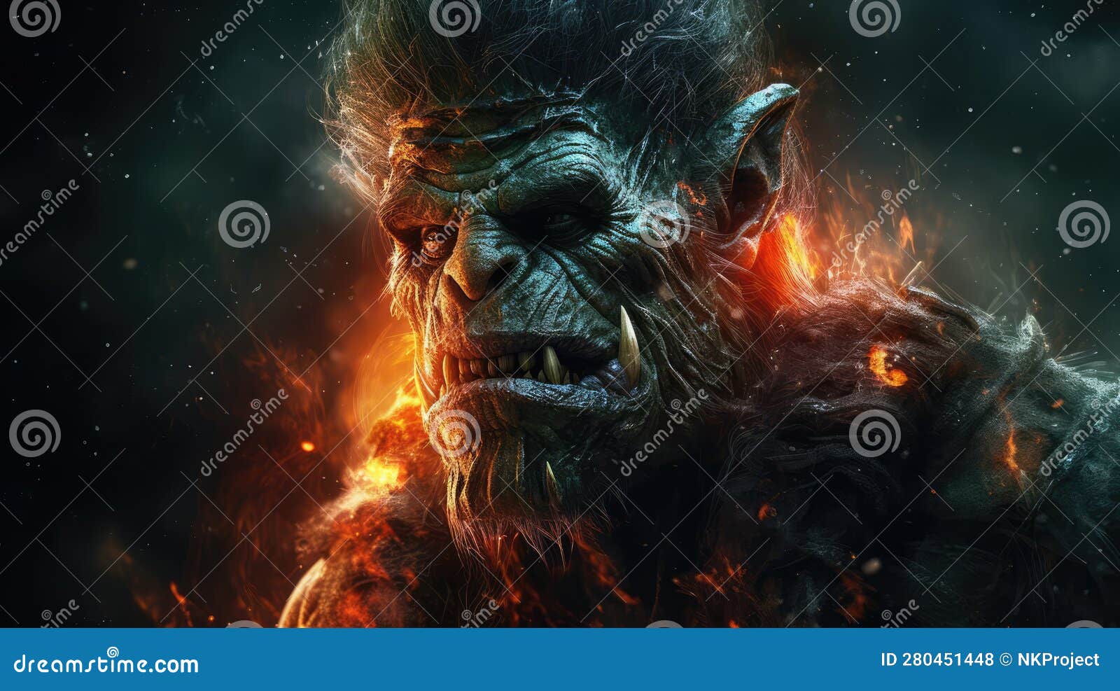Fantastic Ugly Troll with Big Face, Fire Particles on a Dark Background ...