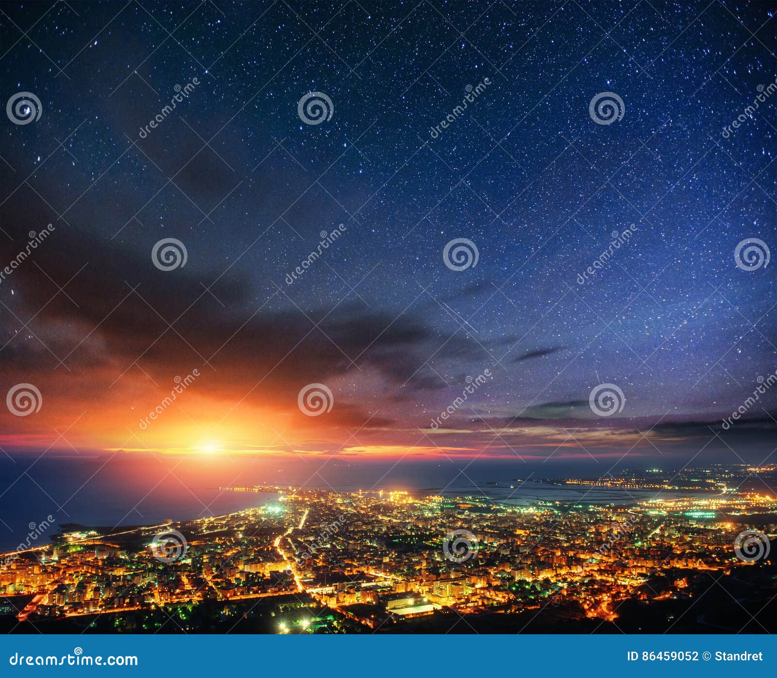Fantastic Views of the Starry Night Sky Above the City Stock Photo ...