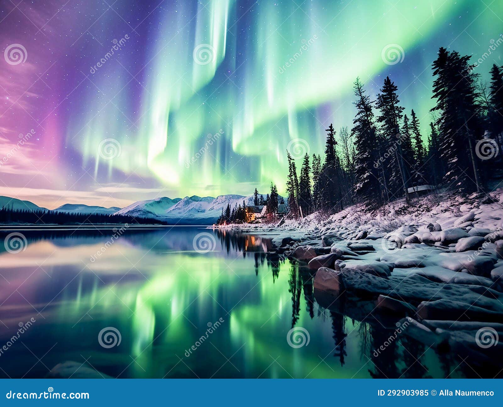 Fantastic Winter Landscape with Northern Lights Stock Illustration ...