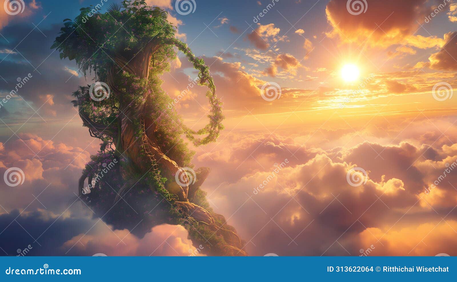 Fantastical Floating Tree Above the Clouds at Sunset, with a Ladder ...