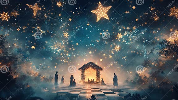 Fantastical Nativity Scene Featuring Floating Elements, Abstract Forms ...