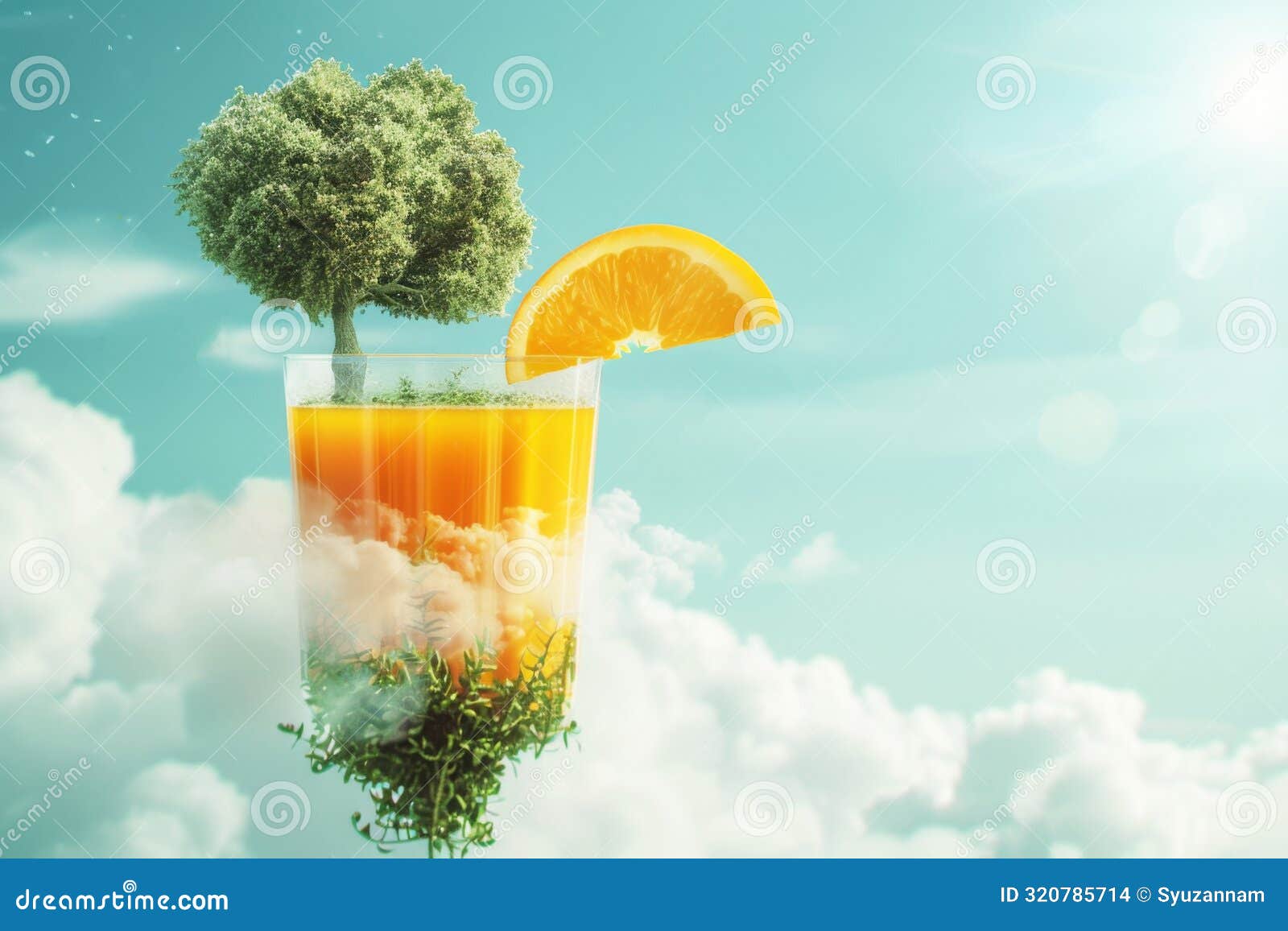 Fantastical Orange Juice Glass With Tree On Clouds Sunny Sky Background ...
