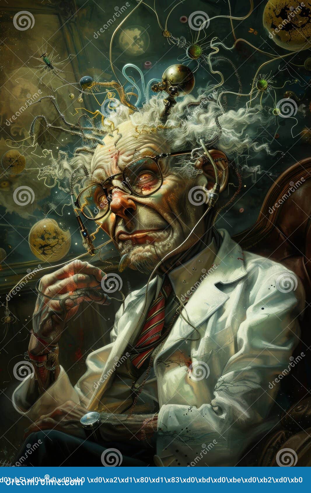 Fantastical Portrait of an Old Scientist with Mechanical Devices on ...
