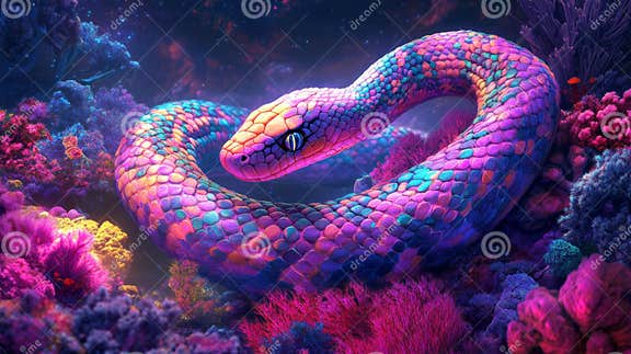A Fantastical, Psychedelic Snake Slithering through a Vibrant ...