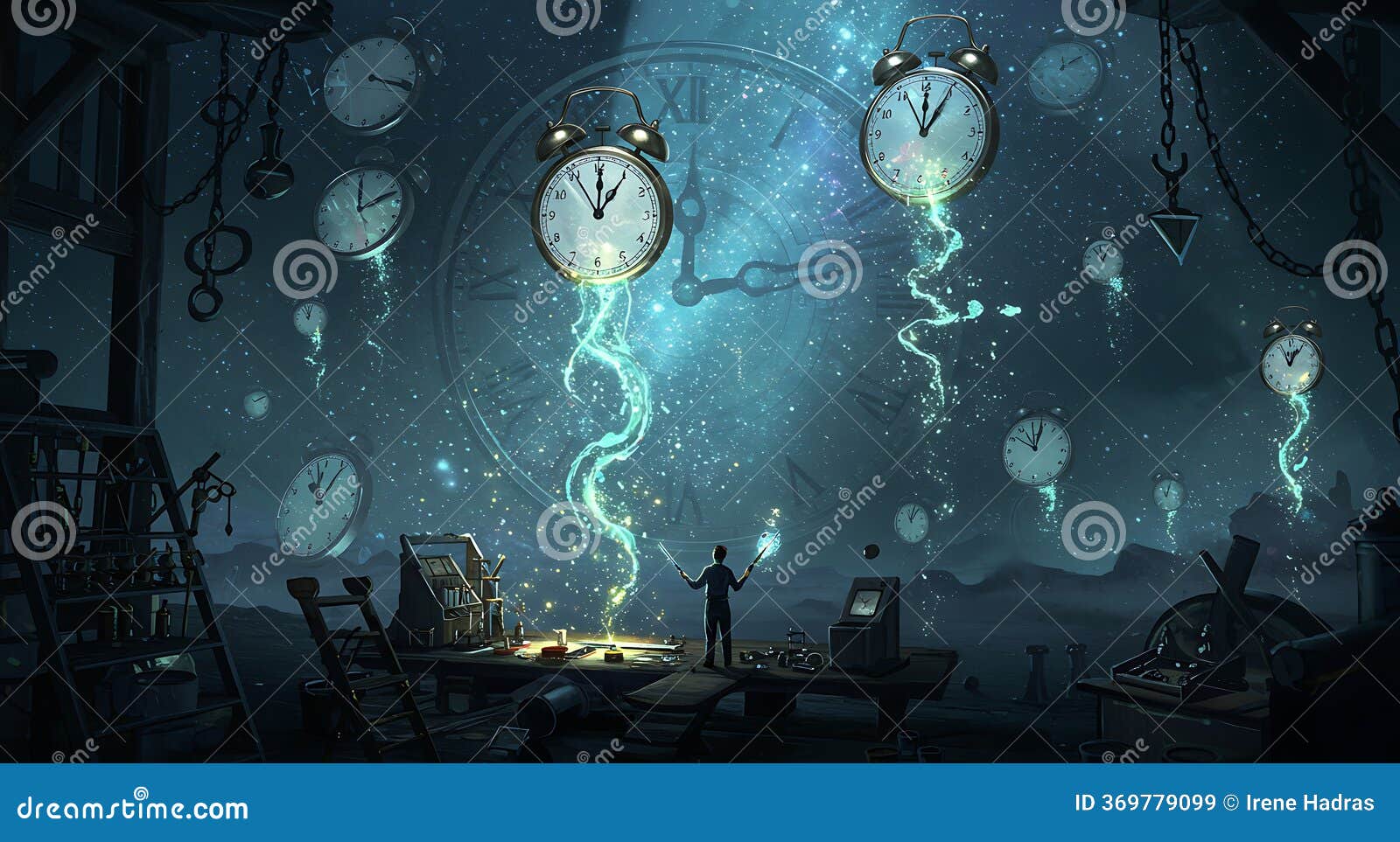 A Large Clock Face On An Old, Foreboding Stone Building At Night Stock ...