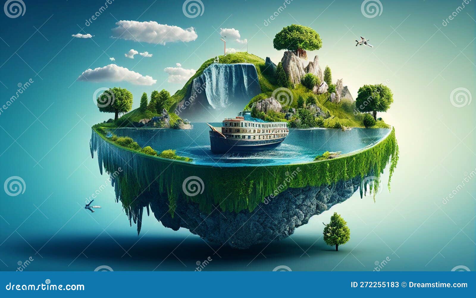 Fantastical Unreal Float Landscape with Waterfall Paradise, Clouds ...
