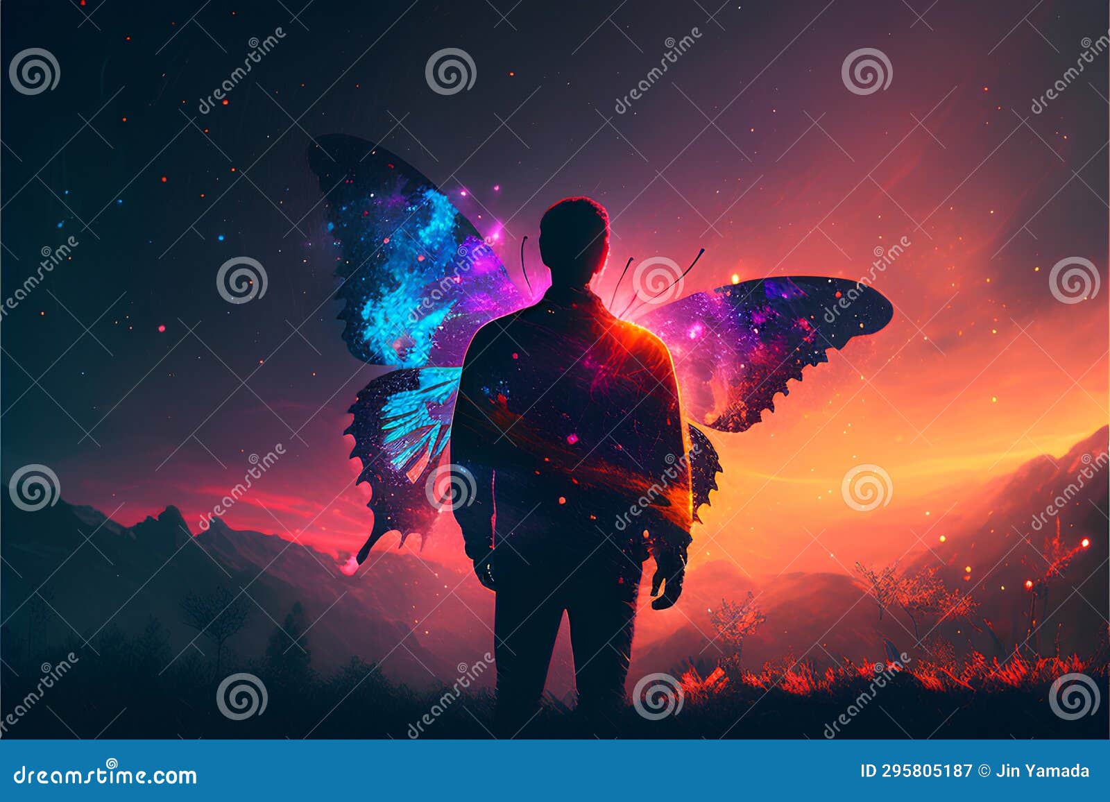 Fantasy Abstract Background with Man and Butterfly. Vector Illustration ...