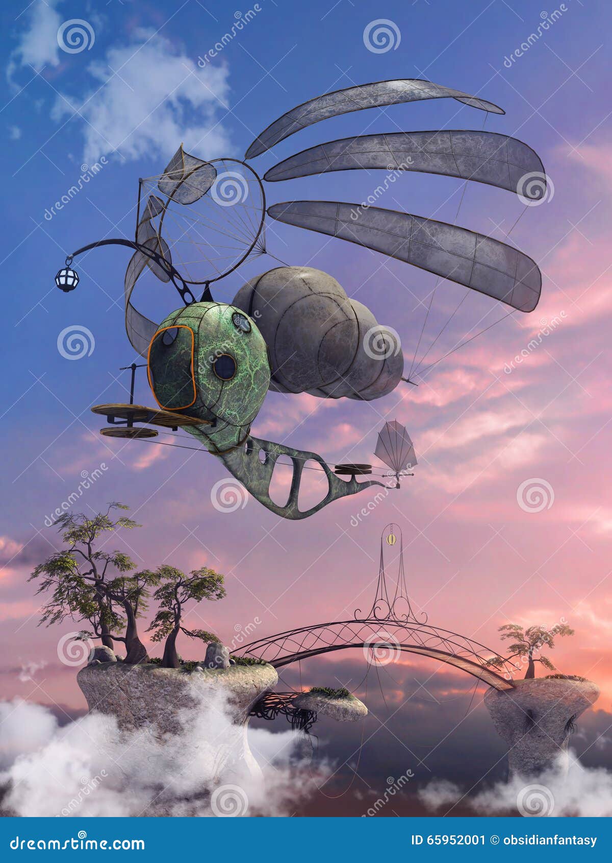 Fantasy Aircraft Over a Bridge Stock Illustration - Illustration of ...