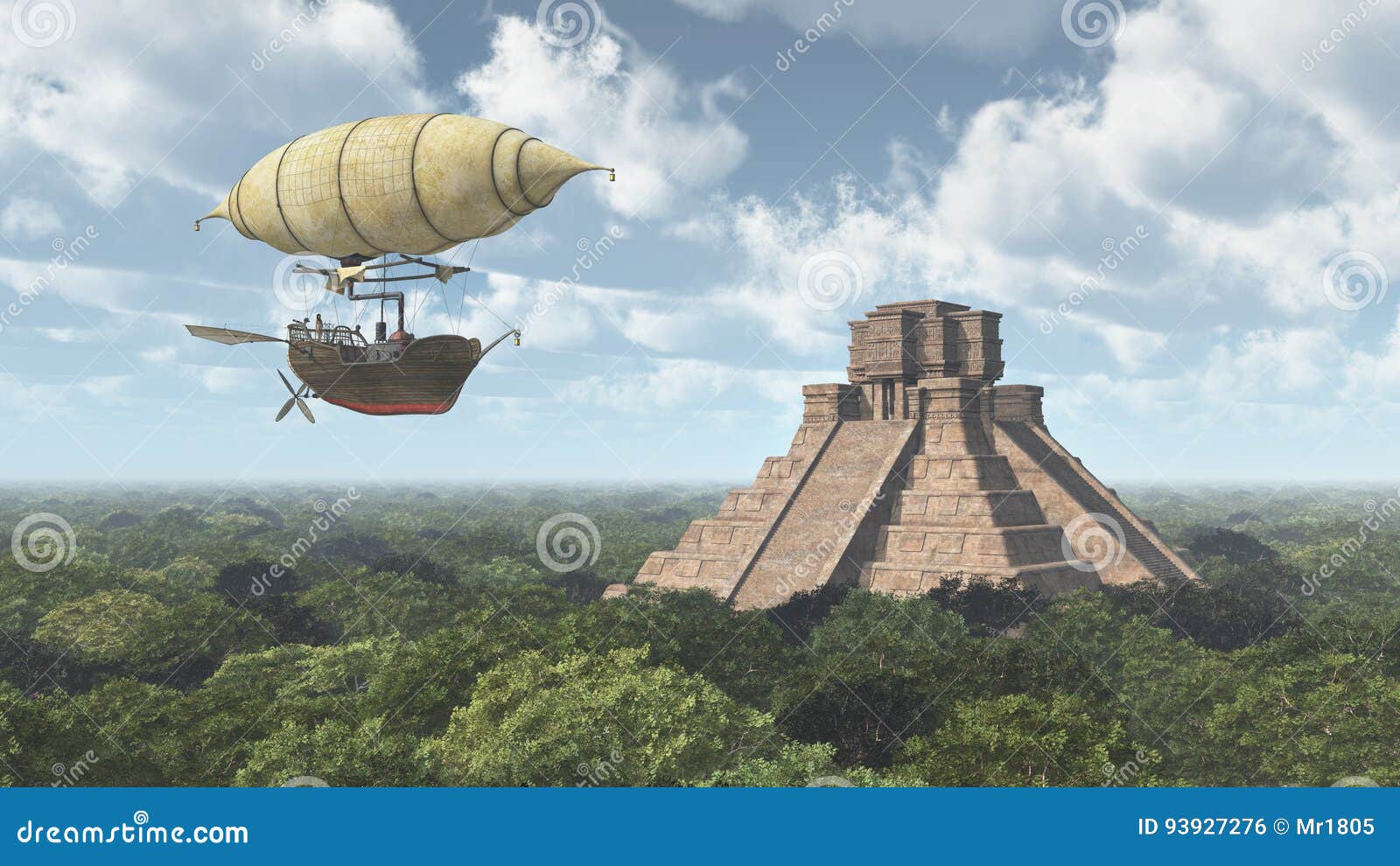 Fantasy Airship and Mayan Temple Stock Illustration - Illustration of ...