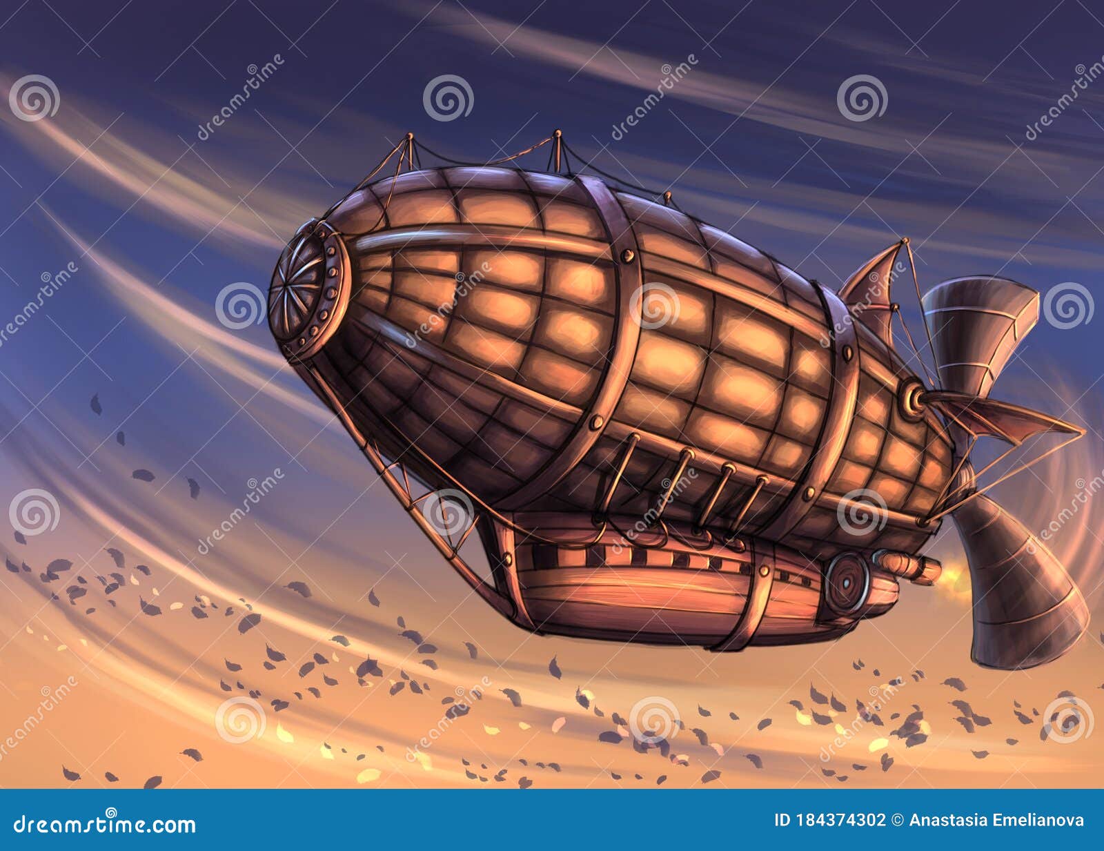 Fantasy airship in the sky stock illustration. Illustration of light ...