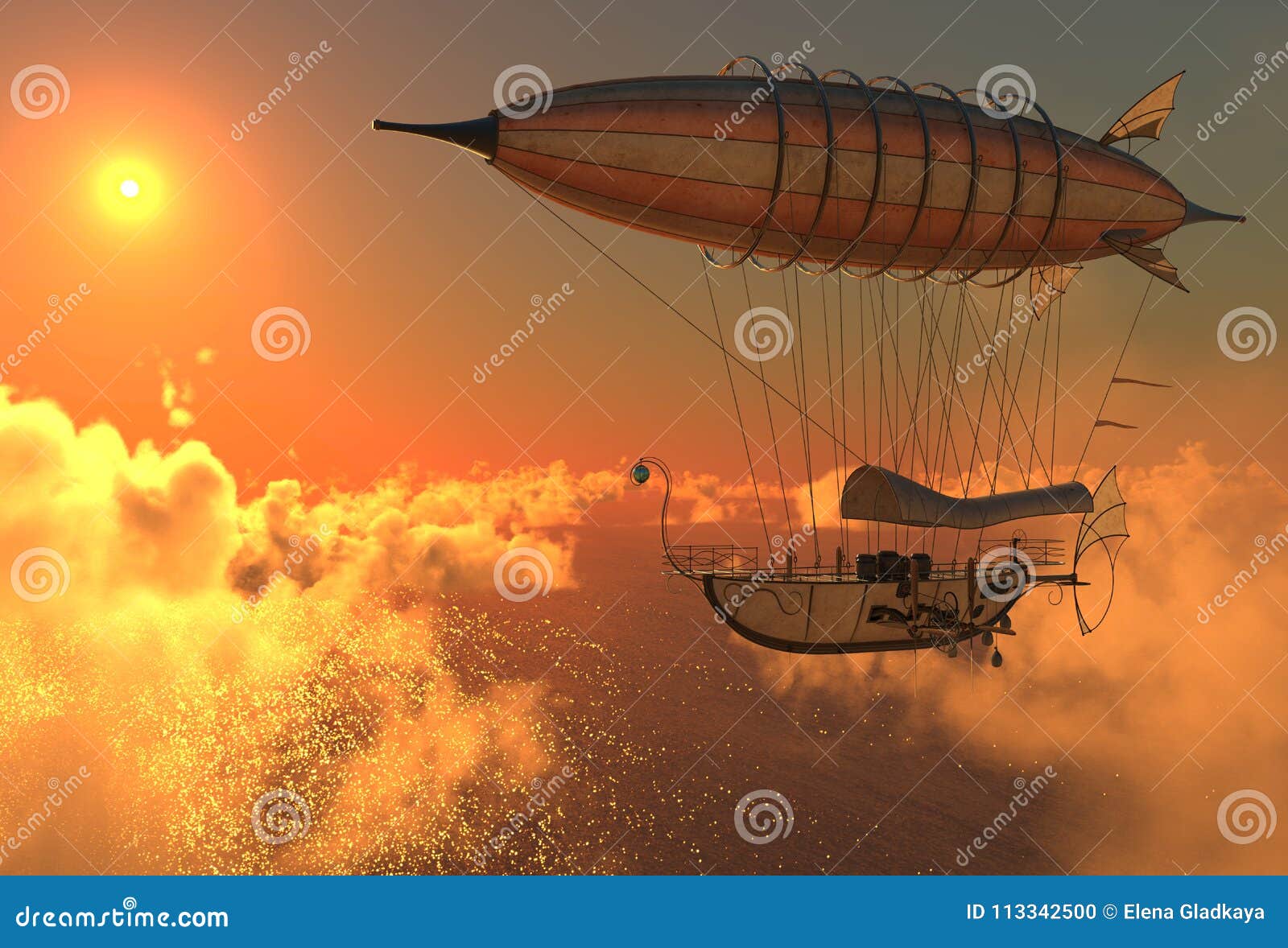Fantasy Airship Zeppelin Dirigible Balloon 3D Illustration Stock ...
